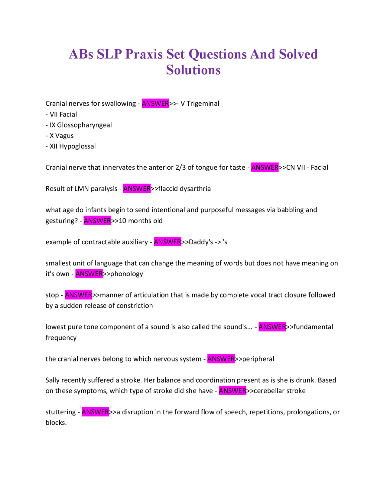 Speech-Language Pathology Praxis Set Questions and Answers | Exams ...