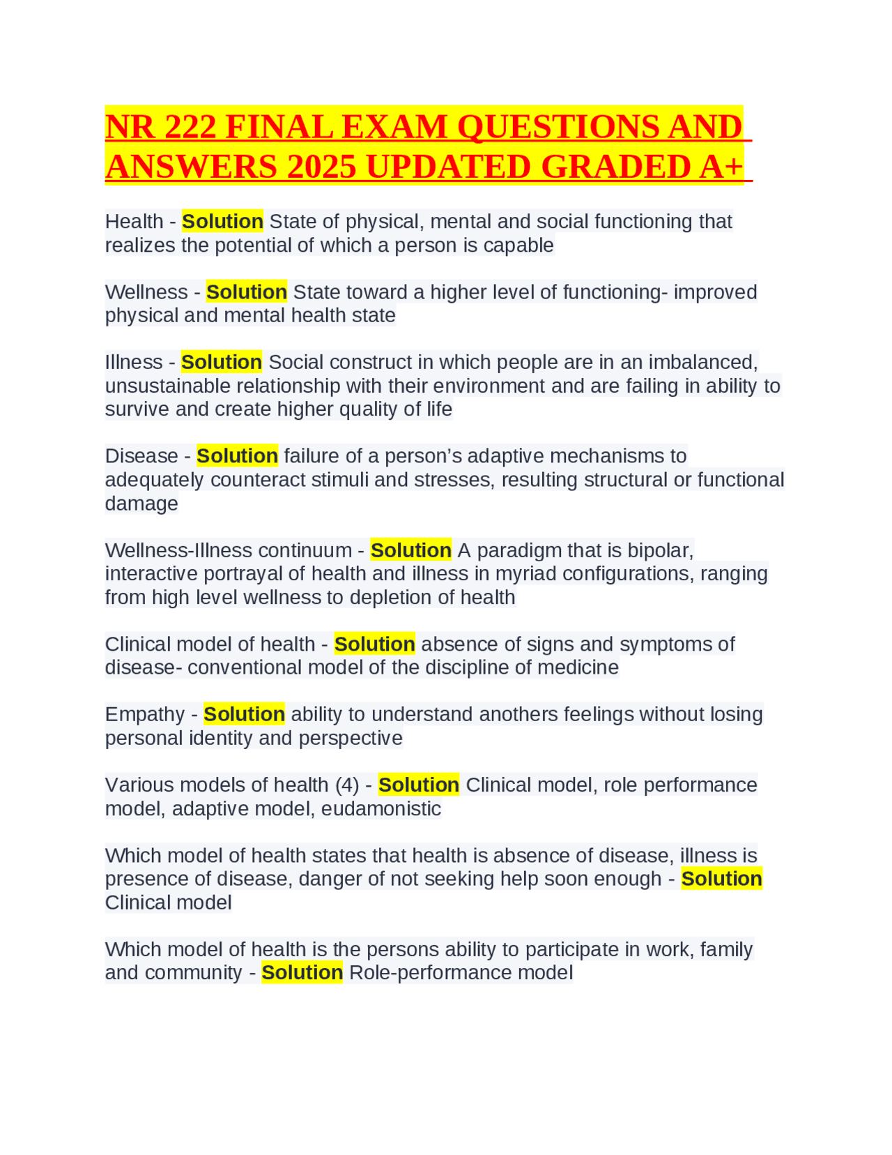 NR 222 Final Exam Questions and Answers 2025: Health, Wellness, Illness, and Disease | Exams ...