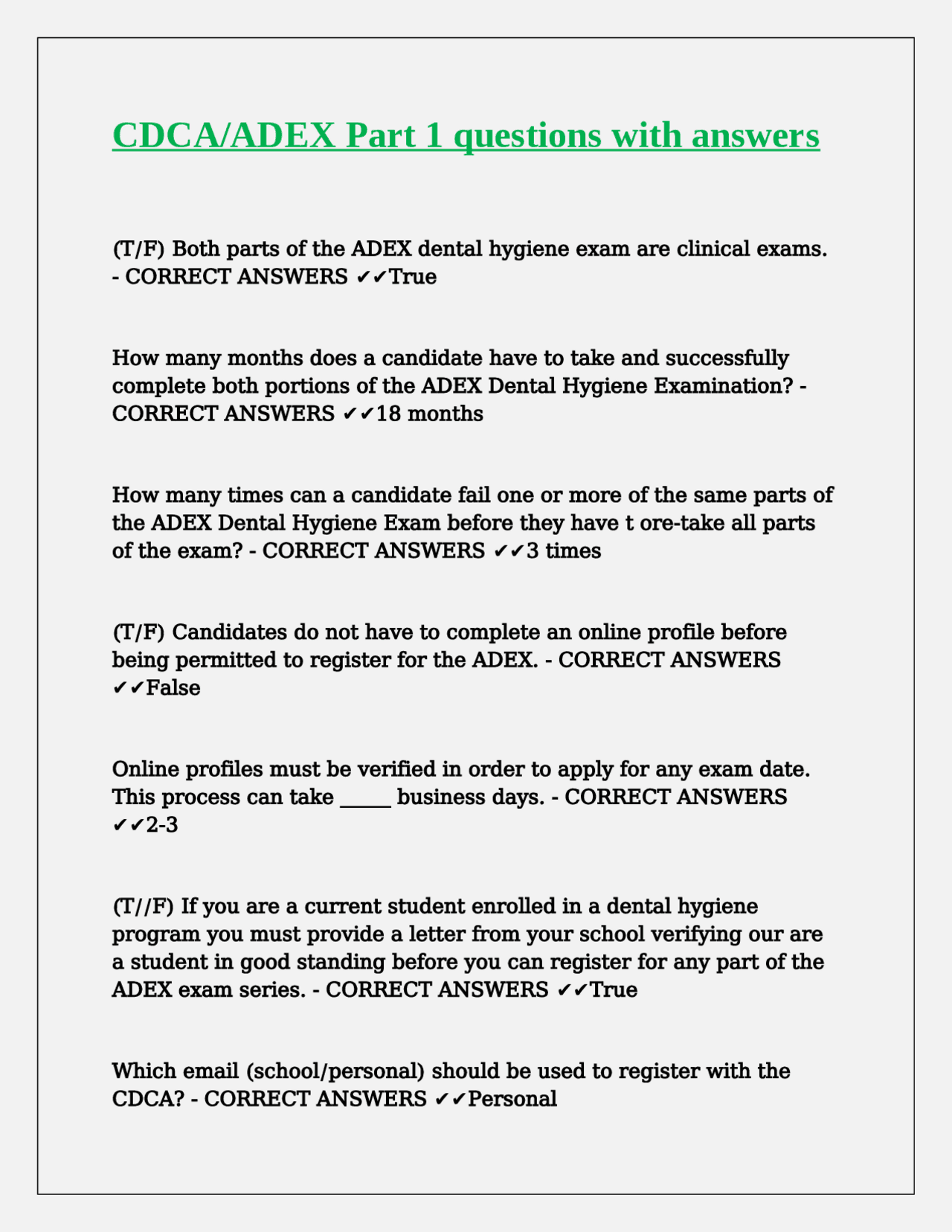 CDCA/ADEX Part 1 Dental Hygiene Exam Questions and Answers | Exams ...