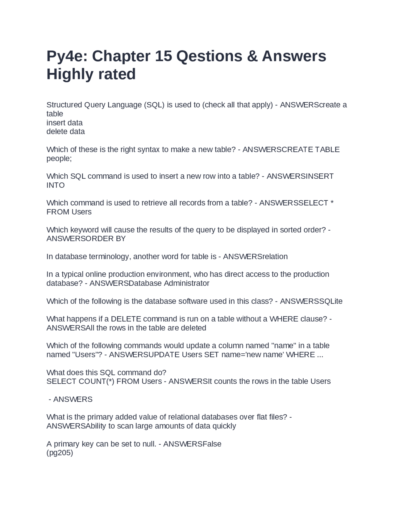 SQL Questions and Answers: Py4e Chapter 15 | Exams Nursing | Docsity