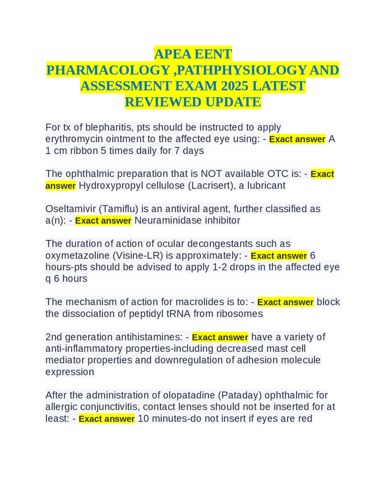 APEA EENT Pharmacology, Pathophysiology, and Assessment Exam 2025 ...