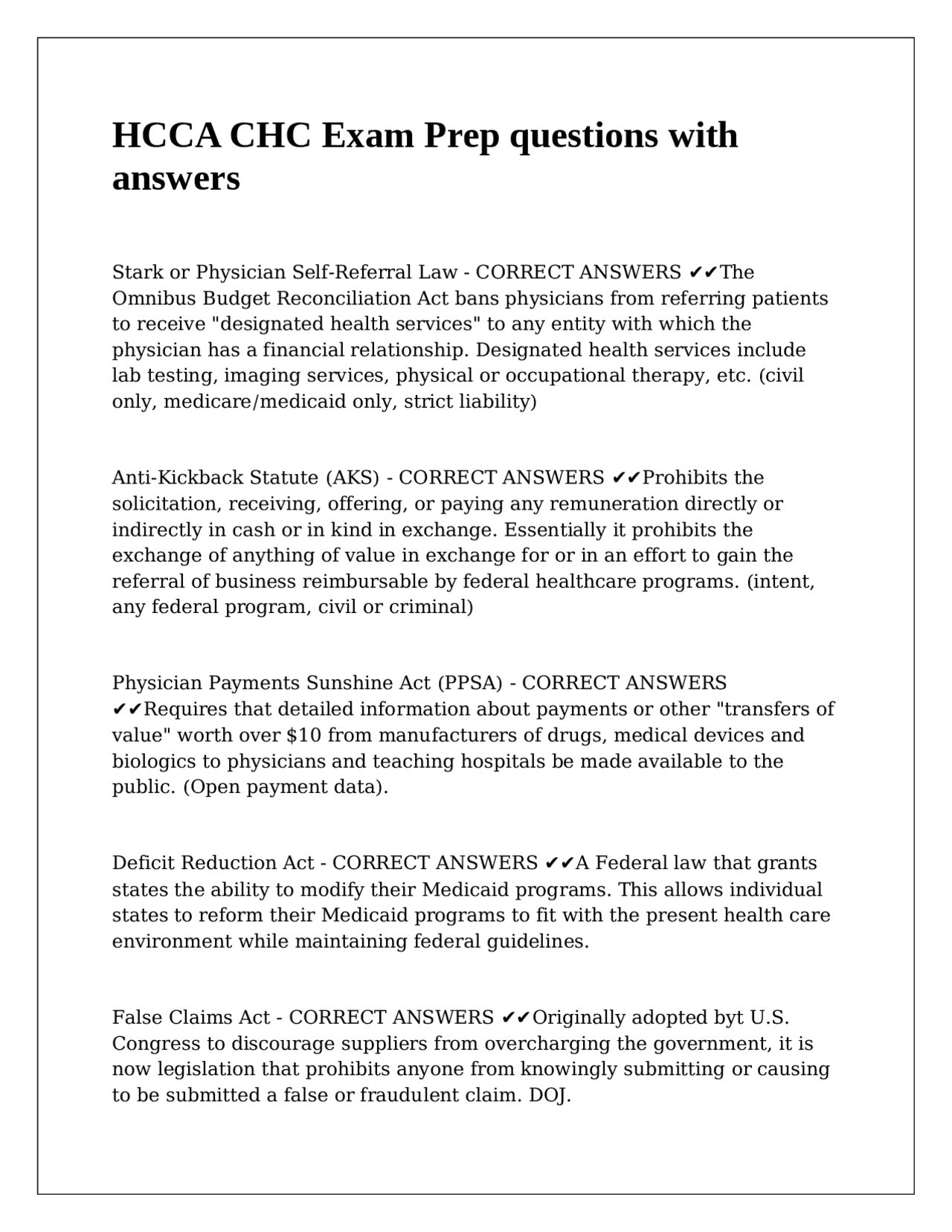 HCCA CHC Exam Prep Questions and Answers: Healthcare Compliance and ...