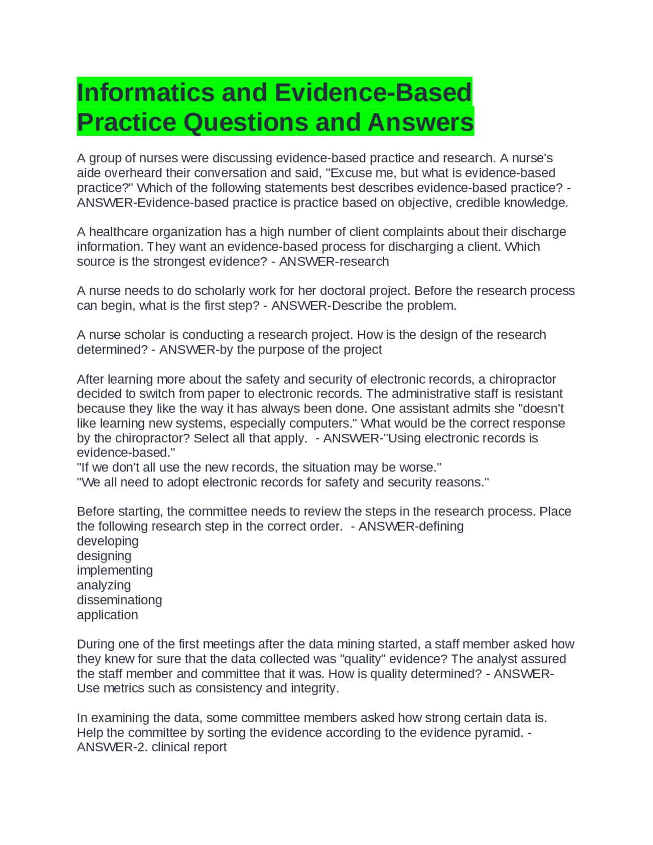 Informatics and Evidence-Based Practice Questions | Exams Advanced ...