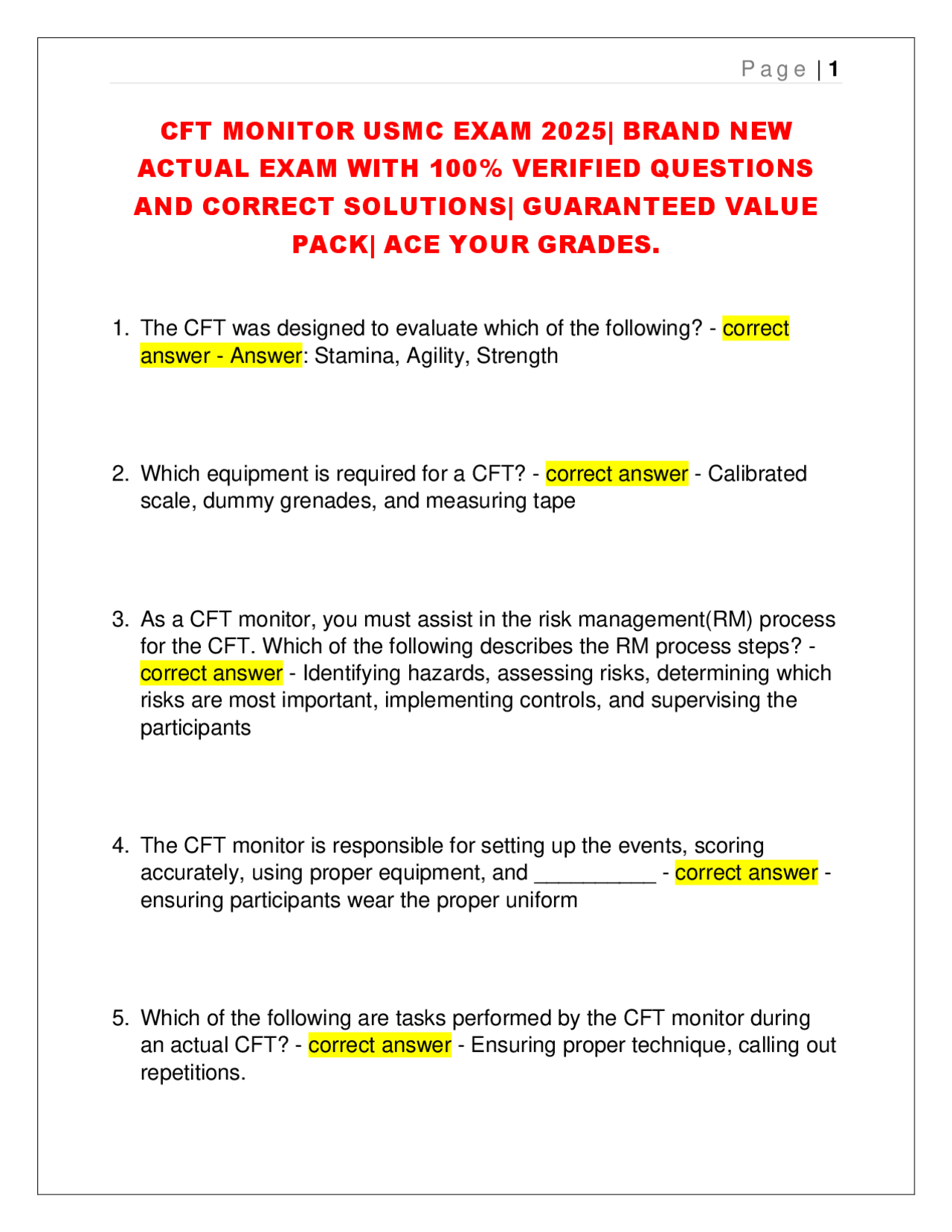 CFT MONITOR USMC EXAM 2025| BRAND NEW ACTUAL EXAM. | Exams Nursing ...