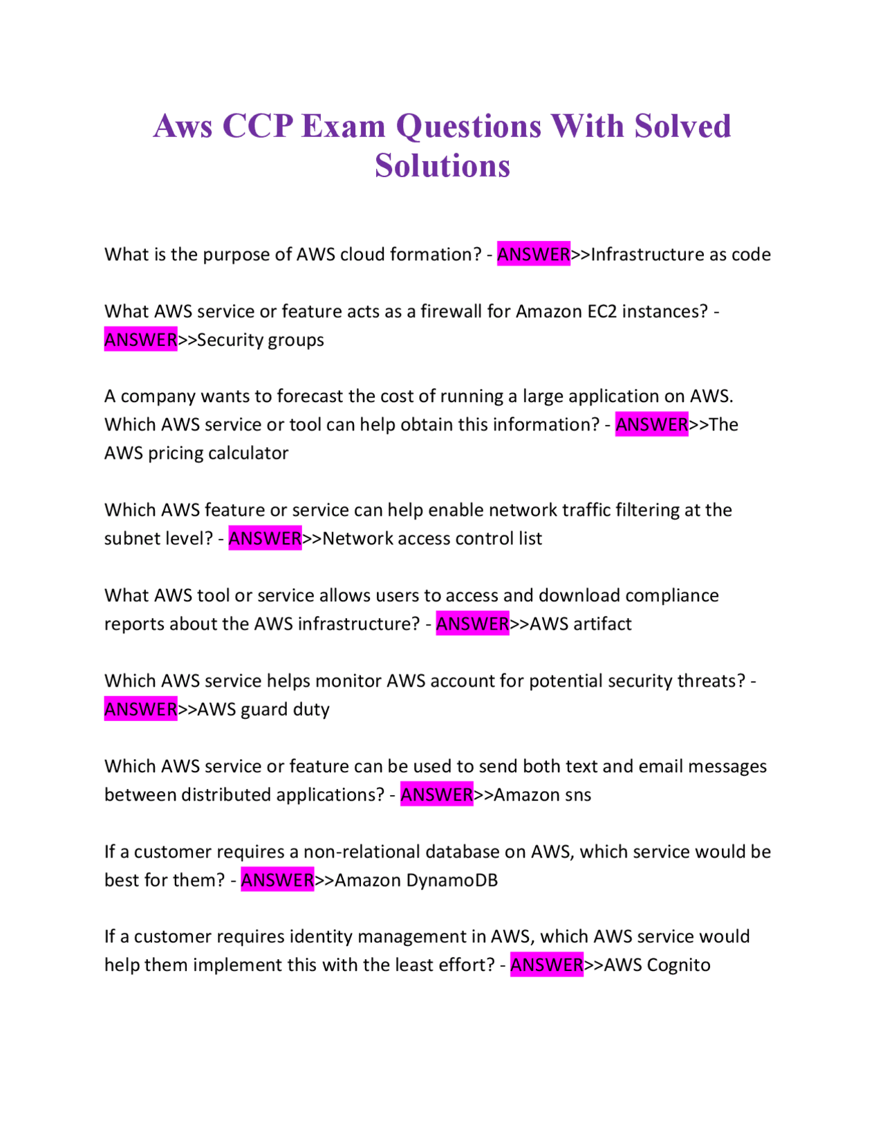 AWS CCP Exam Questions and Answers | Exams Nursing | Docsity