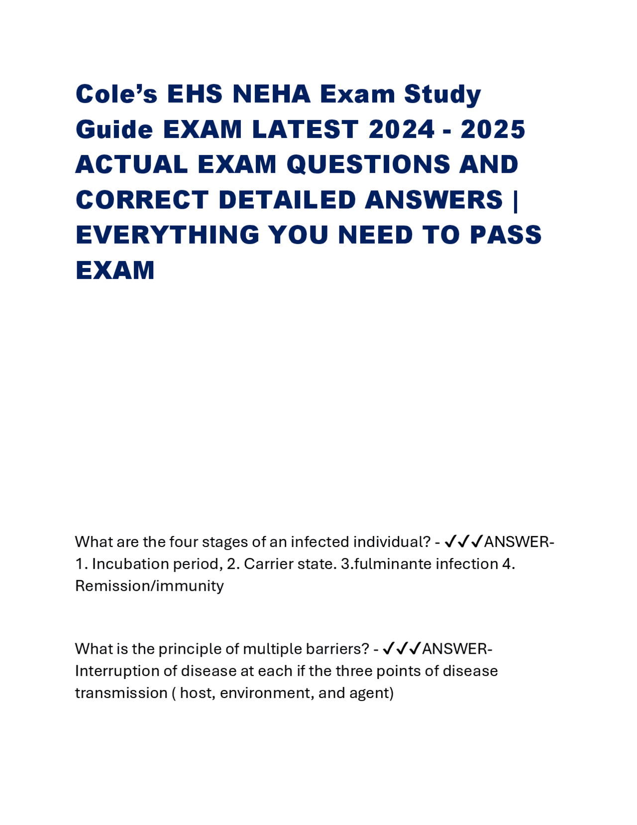 Cole’s EHS NEHA Exam Study Guide EXAM LATEST 2024 - 2025 ACTUAL EXAM ...