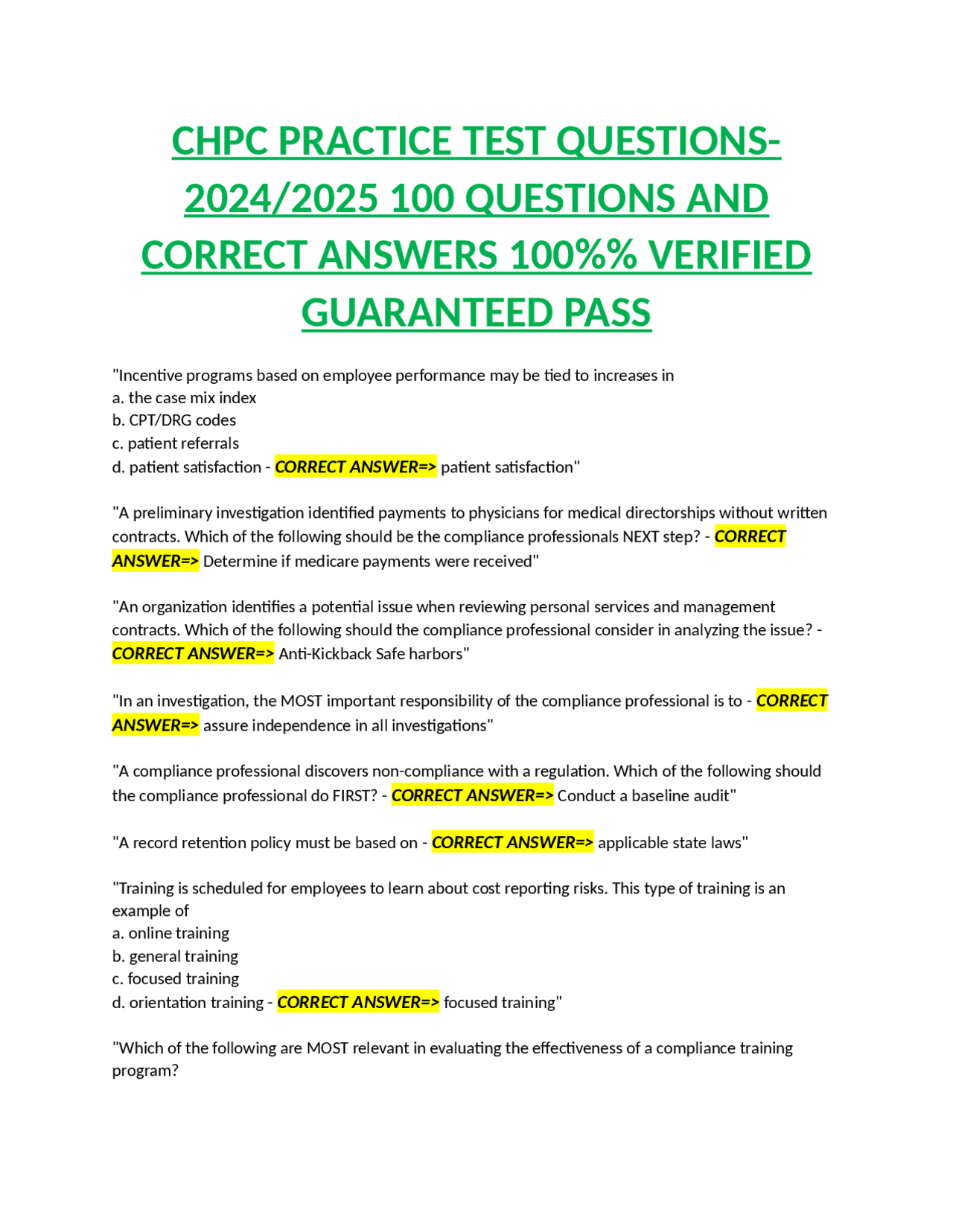 CHPC PRACTICE TEST QUESTIONS-2024/2025 100 QUESTIONS AND CORRECT ...
