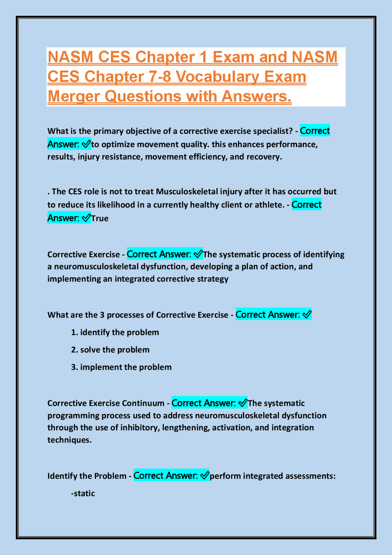 NASM CES Chapter 1 & 7-8 Exams: Corrective Exercise Principles | Exams ...