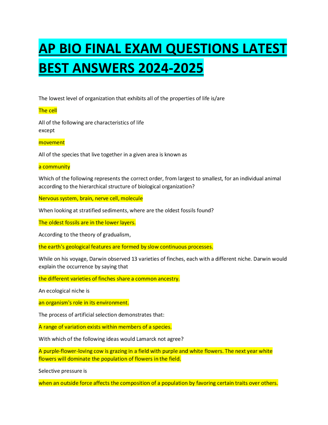 AP BIO FINAL EXAM QUESTIONS LATEST BEST ANSWERS 2024-2025 | Exams ...