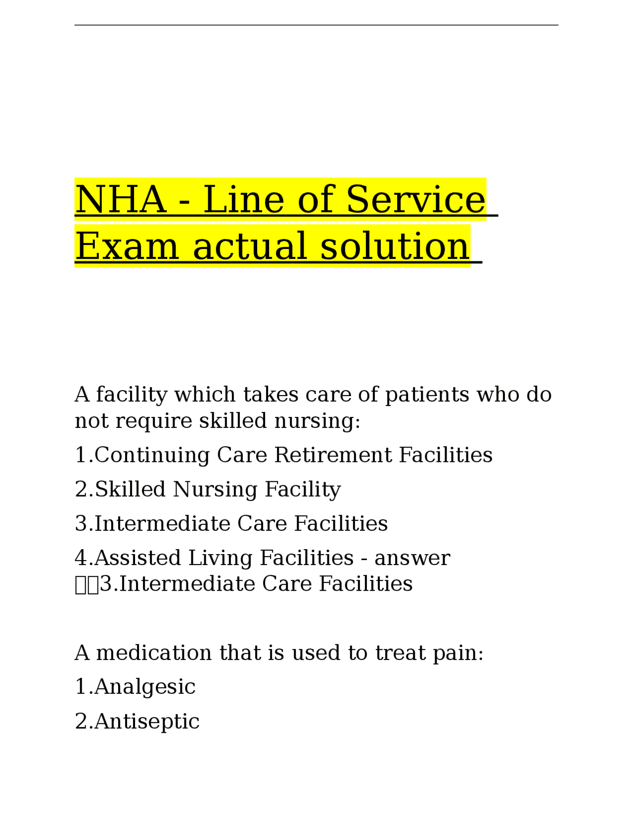 NHA - Line of Service Exam Actual Solutions: Multiple Choice Questions ...