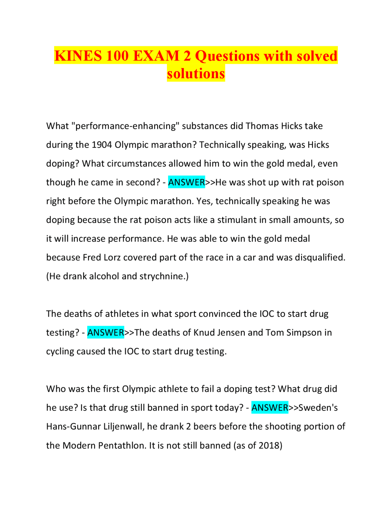 Doping in Sports: Questions and Answers | Exams Nursing | Docsity