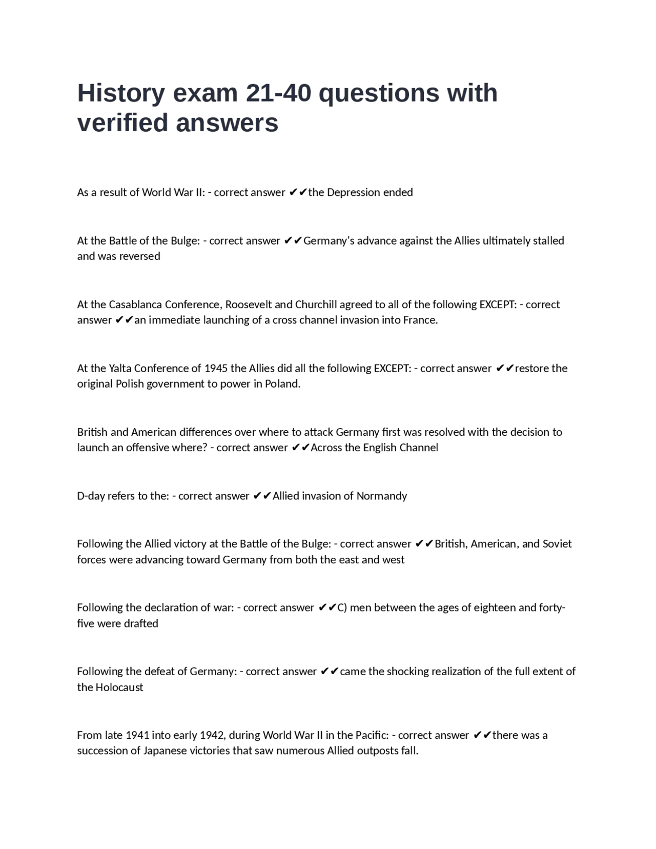 World War II History Exam: Multiple Choice Questions with Answers ...