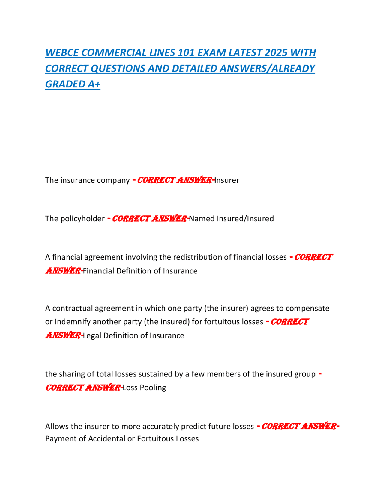 WEBCE COMMERCIAL LINES 101 EXAM LATEST 2025 WITH CORRECT QUESTIONS AND ...