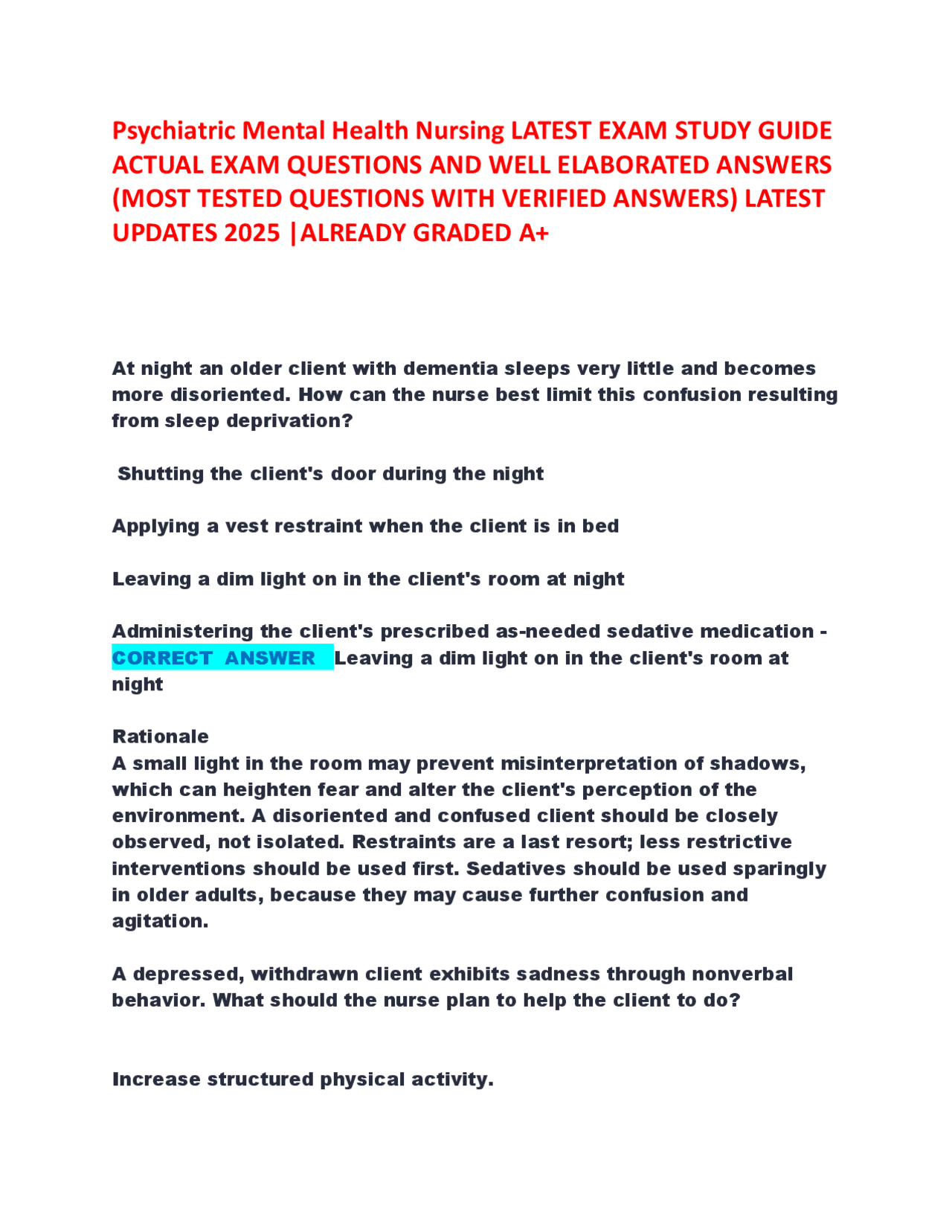 Psychiatric Mental Health Nursing Exam Study Guide: Questions and ...