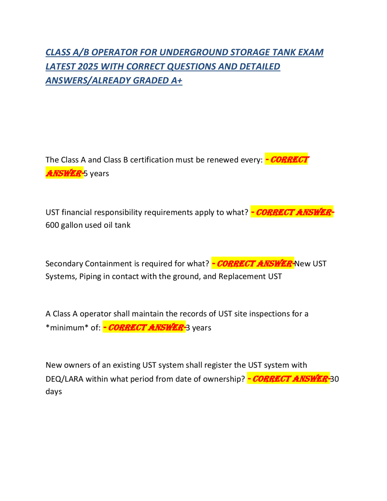 Underground Storage Tank (UST) Operator Exam: Class A/B Certification ...