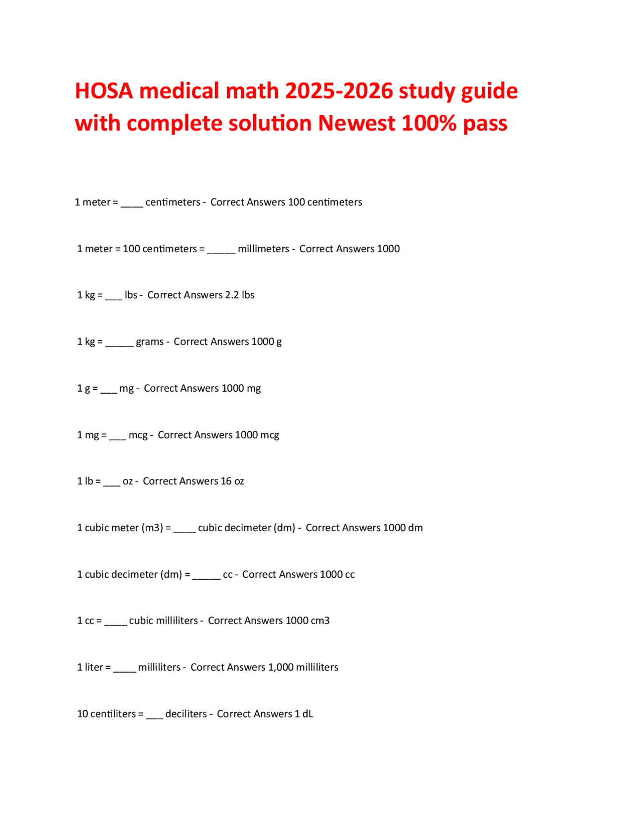 HOSA medical math 2025-2026 study guide with complete solution Newest ...