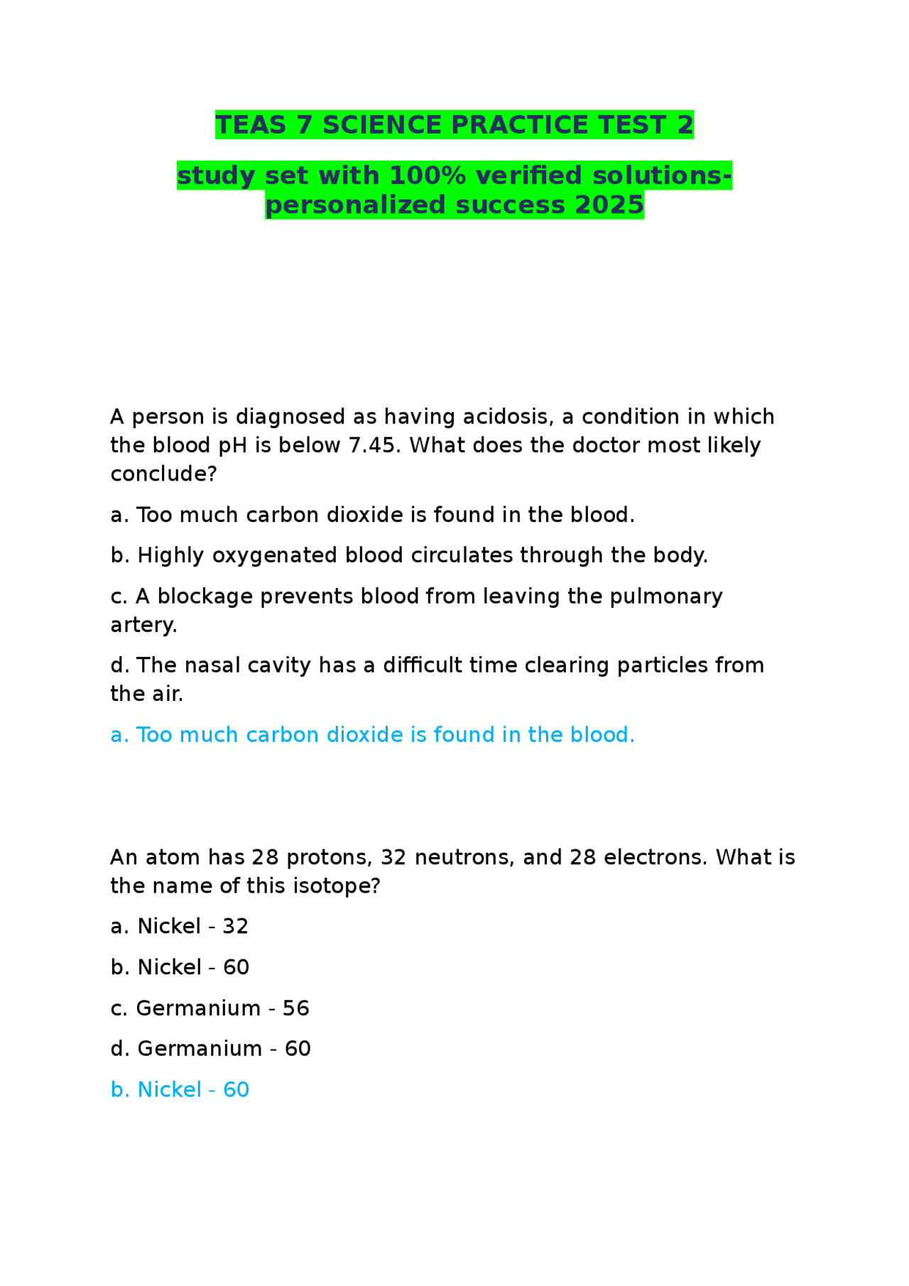 TEAS 7 SCIENCE PRACTICE TEST 2 study set with 100% verified solutions ...