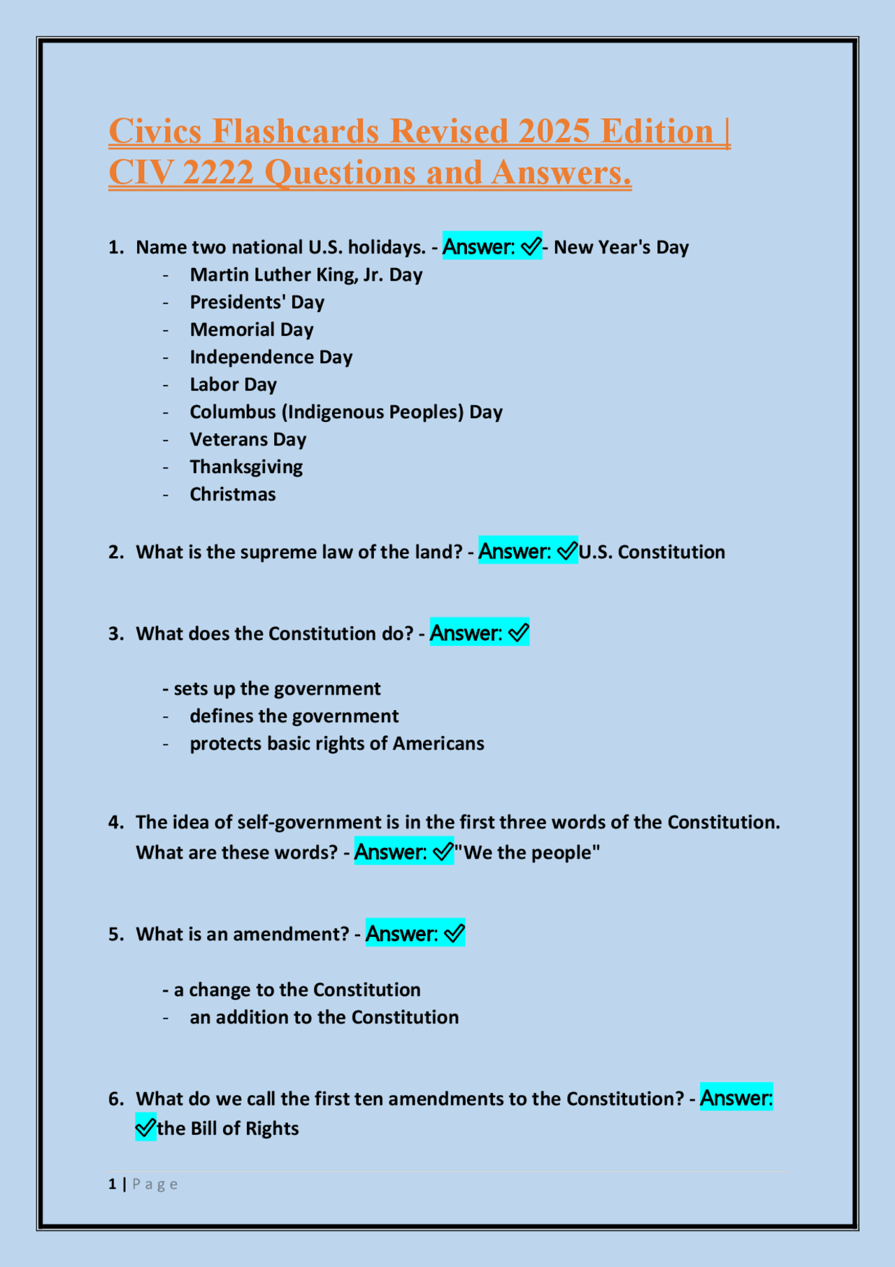 Civics Flashcards Revised 2025 Edition | CIV 2222 Questions and Answers ...
