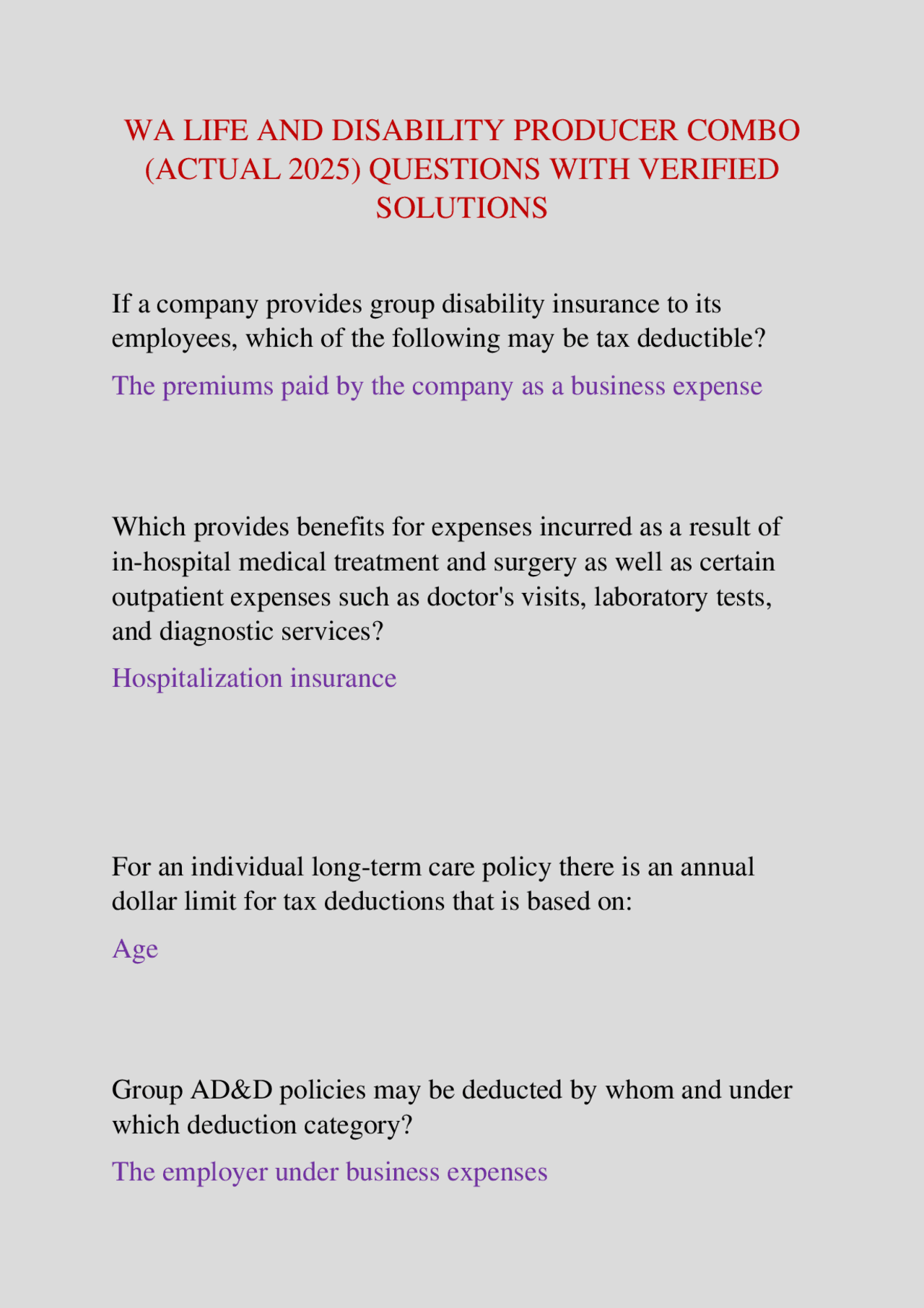 WA LIFE AND DISABILITY PRODUCER COMBO (ACTUAL 2025) QUESTIONS WITH ...