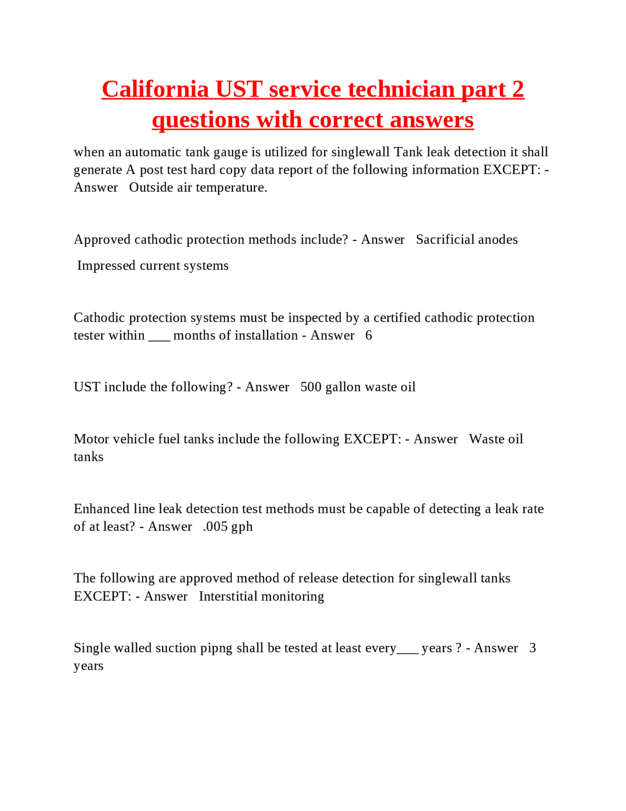 California UST Service Technician Part 2: Questions and Answers | Exams ...
