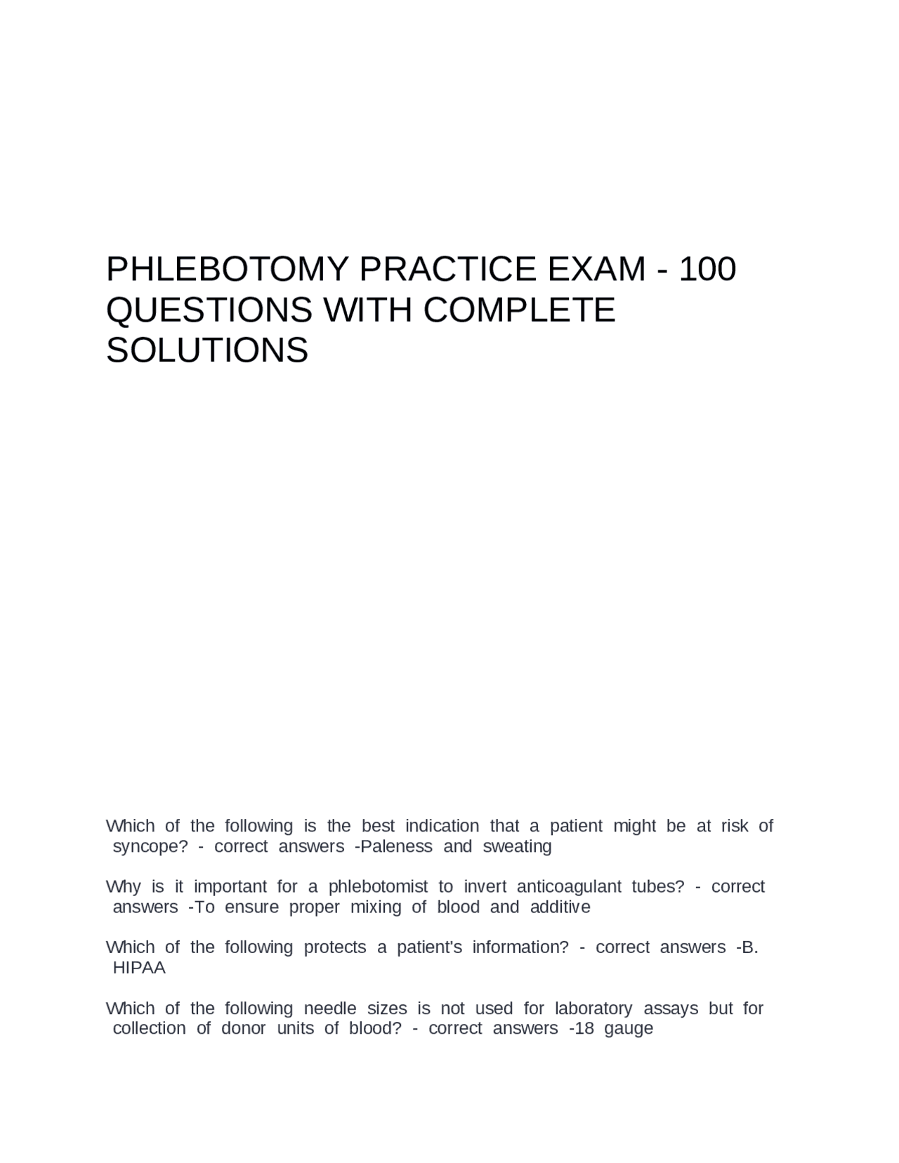 Phlebotomy Practice Exam: 100 Questions with Complete Solutions | Exams ...