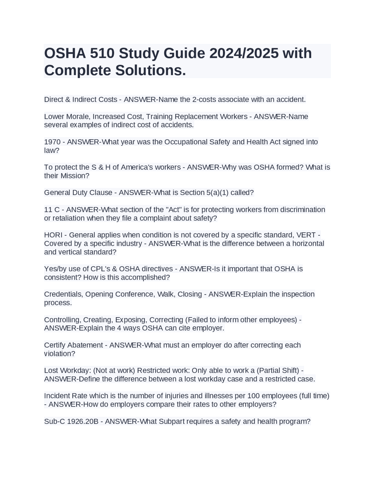 OSHA 510 Study Guide 2024/2025 with Complete Solutions. | Exams ...