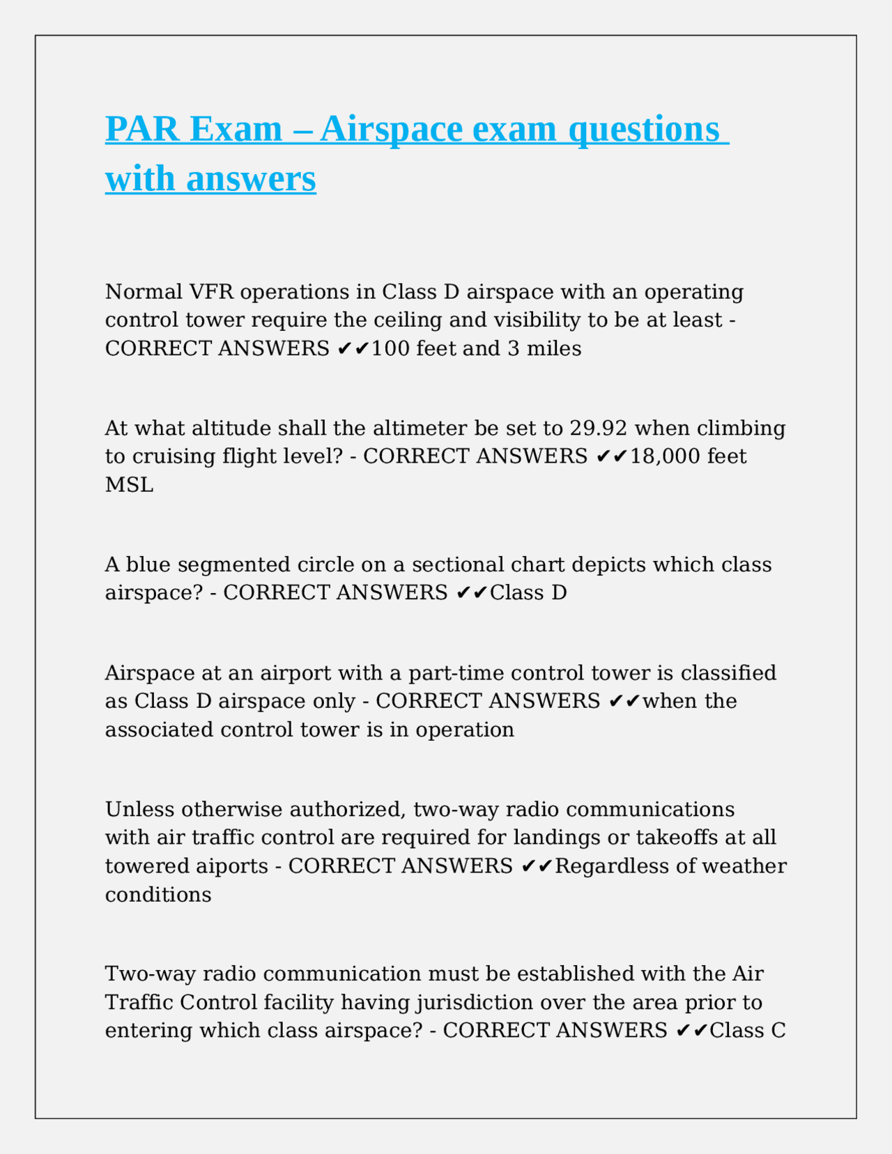 PAR Exam - Airspace Exam Questions and Answers | Exams Aviation | Docsity