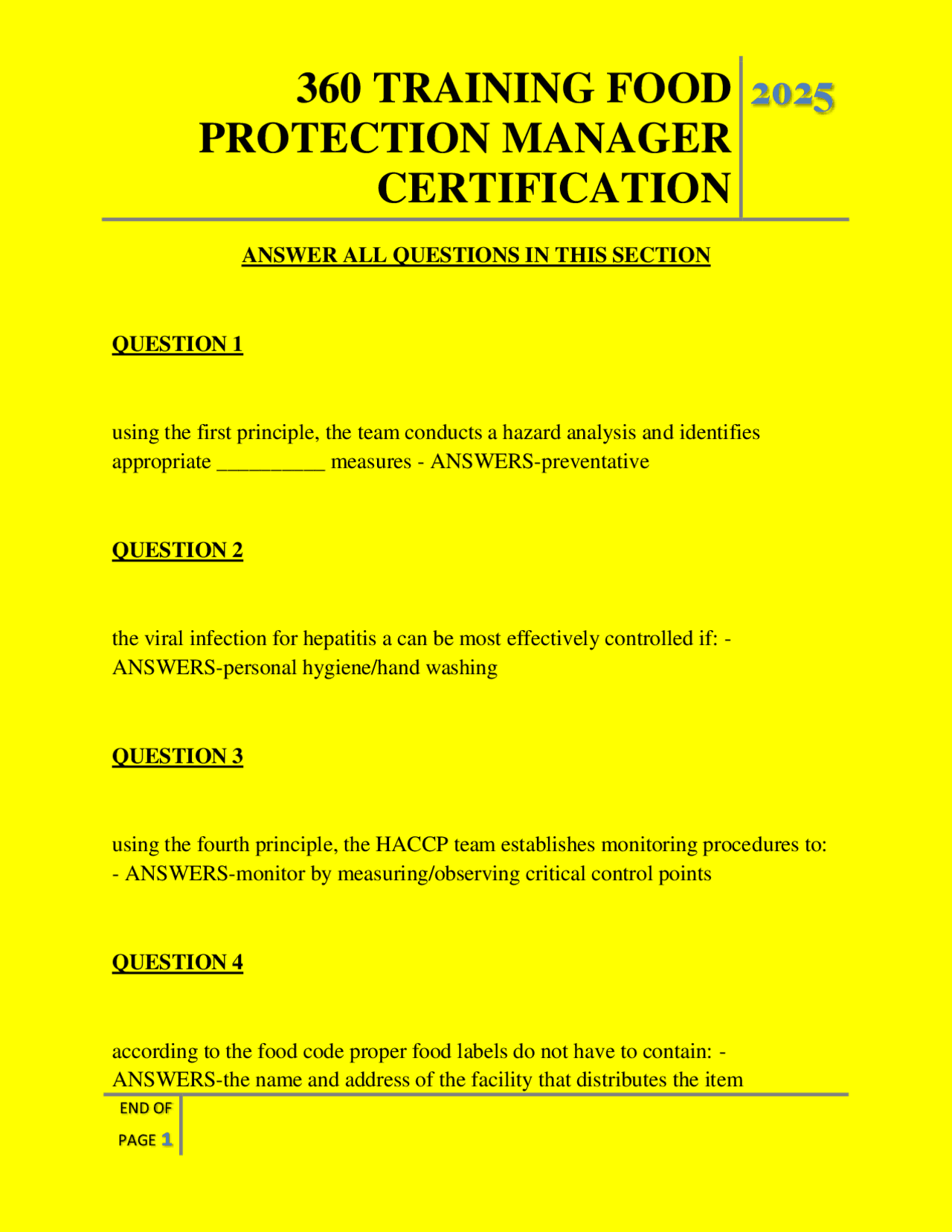 360 TRAINING FOOD PROTECTION MANAGER CERTIFICATION QUESTIONS AND ...