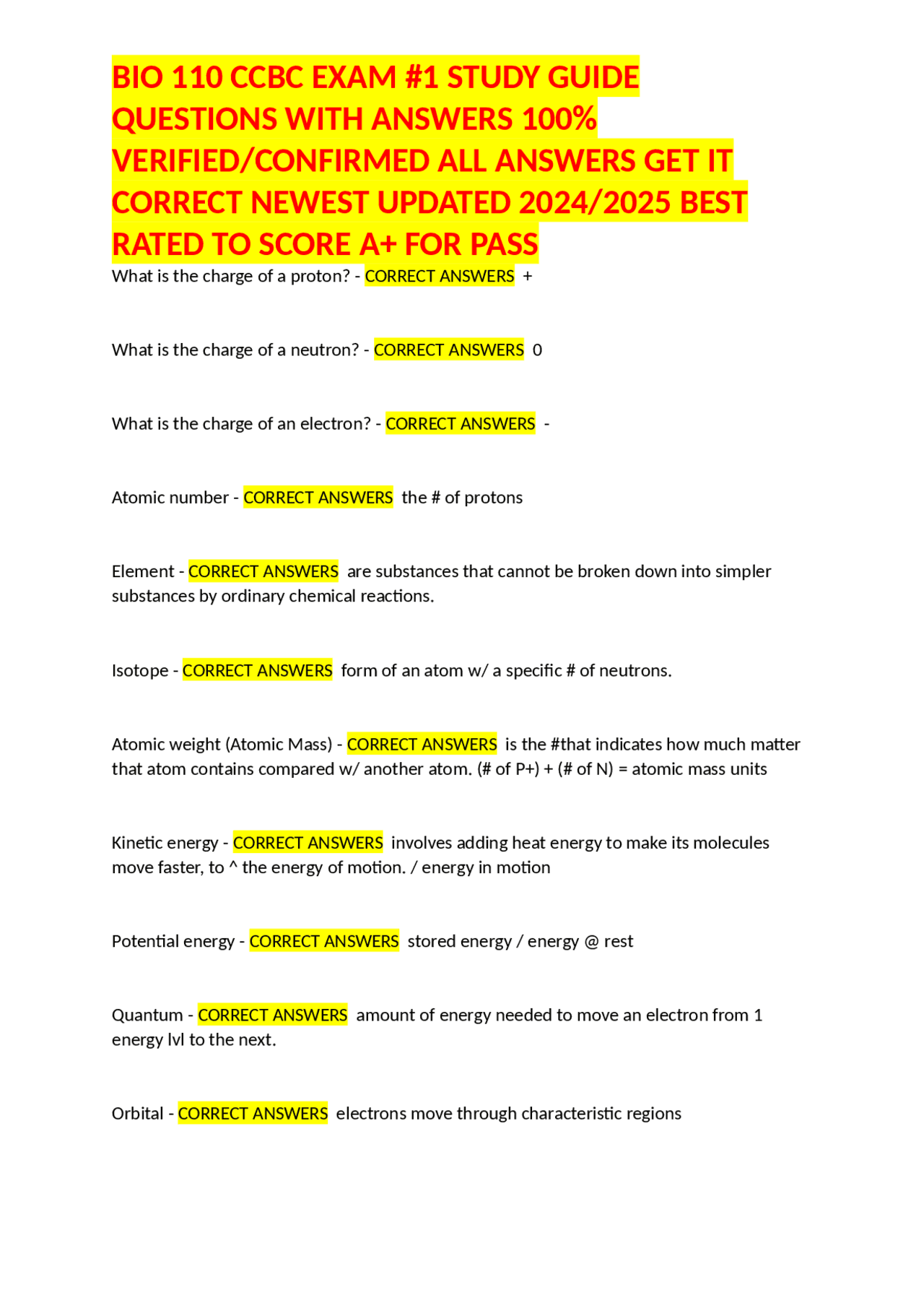 BIO 110 CCBC EXAM #1 STUDY GUIDE QUESTIONS WITH ANSWERS 100% VERIFIED/CONFIRMED ALL ANSWER ...