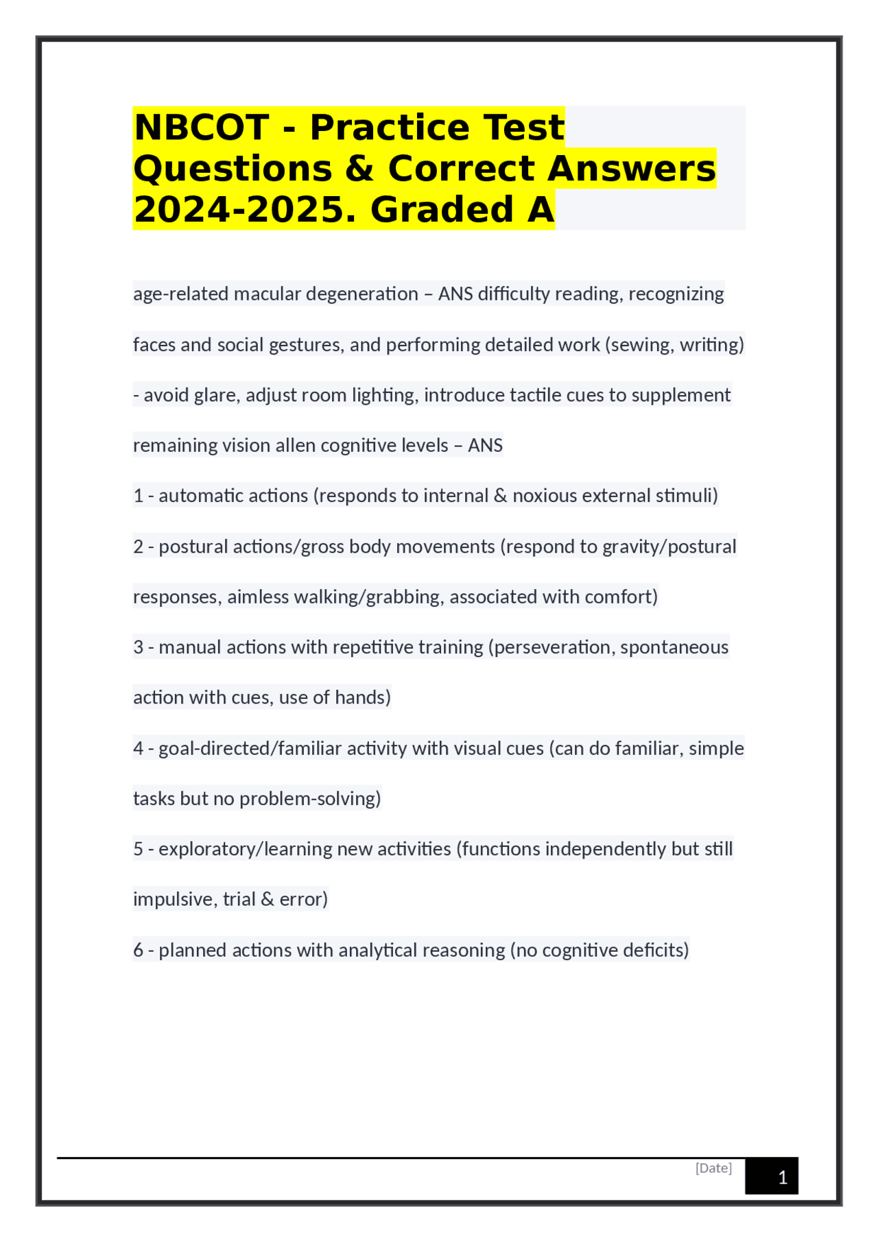 NBCOT Practice Test Questions & Correct Answers 2024-2025 | Exams ...