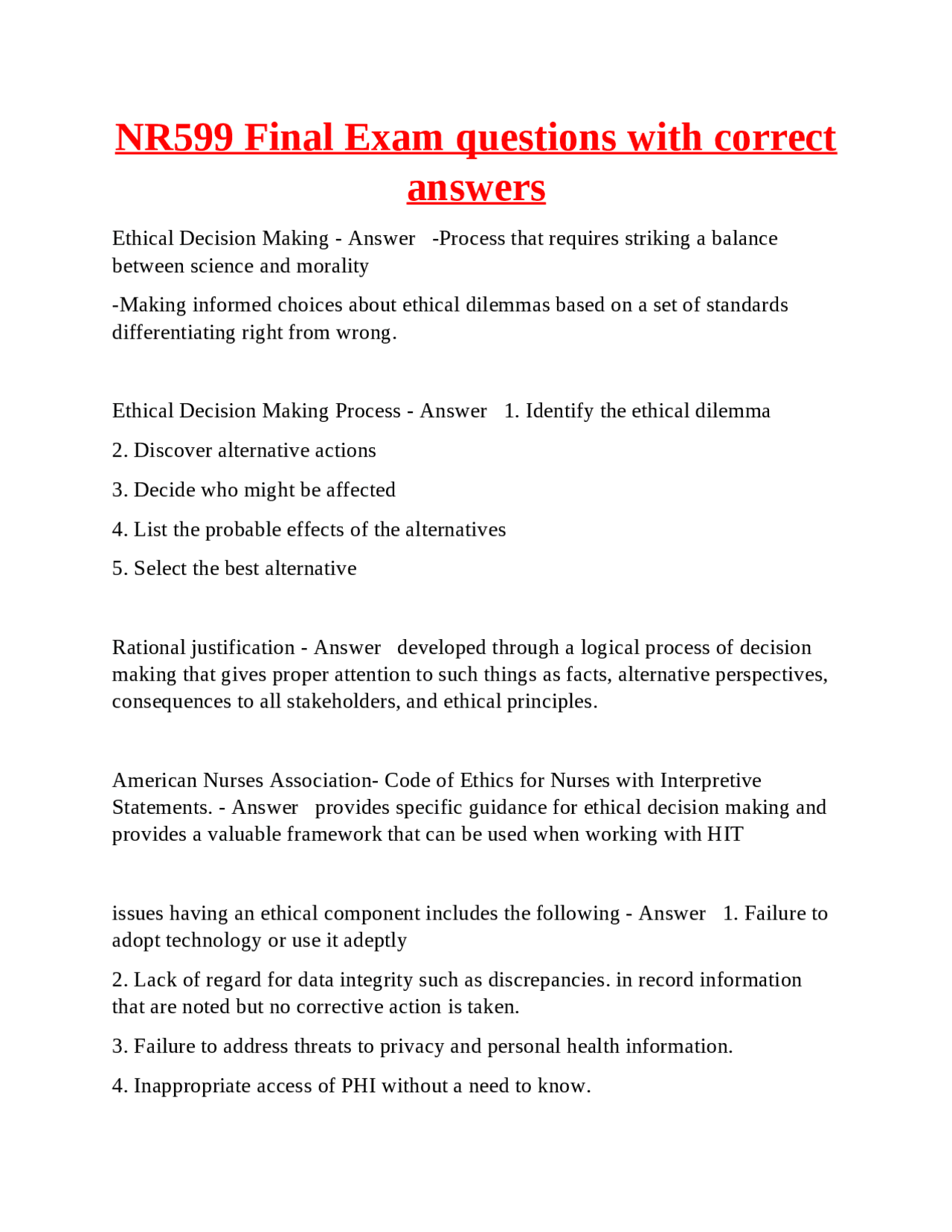 NR599 Final Exam: Ethics, Tech, & Healthcare | Exams Nursing | Docsity