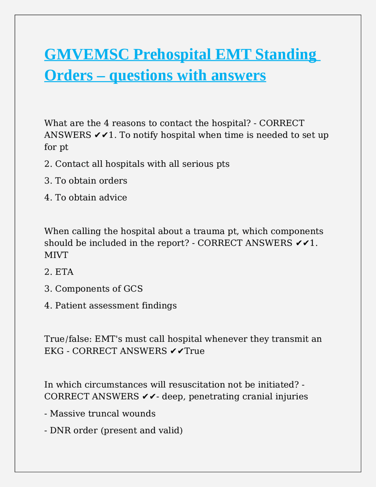 GMVEMSC Prehospital EMT Standing Orders: Questions and Answers | Exams ...