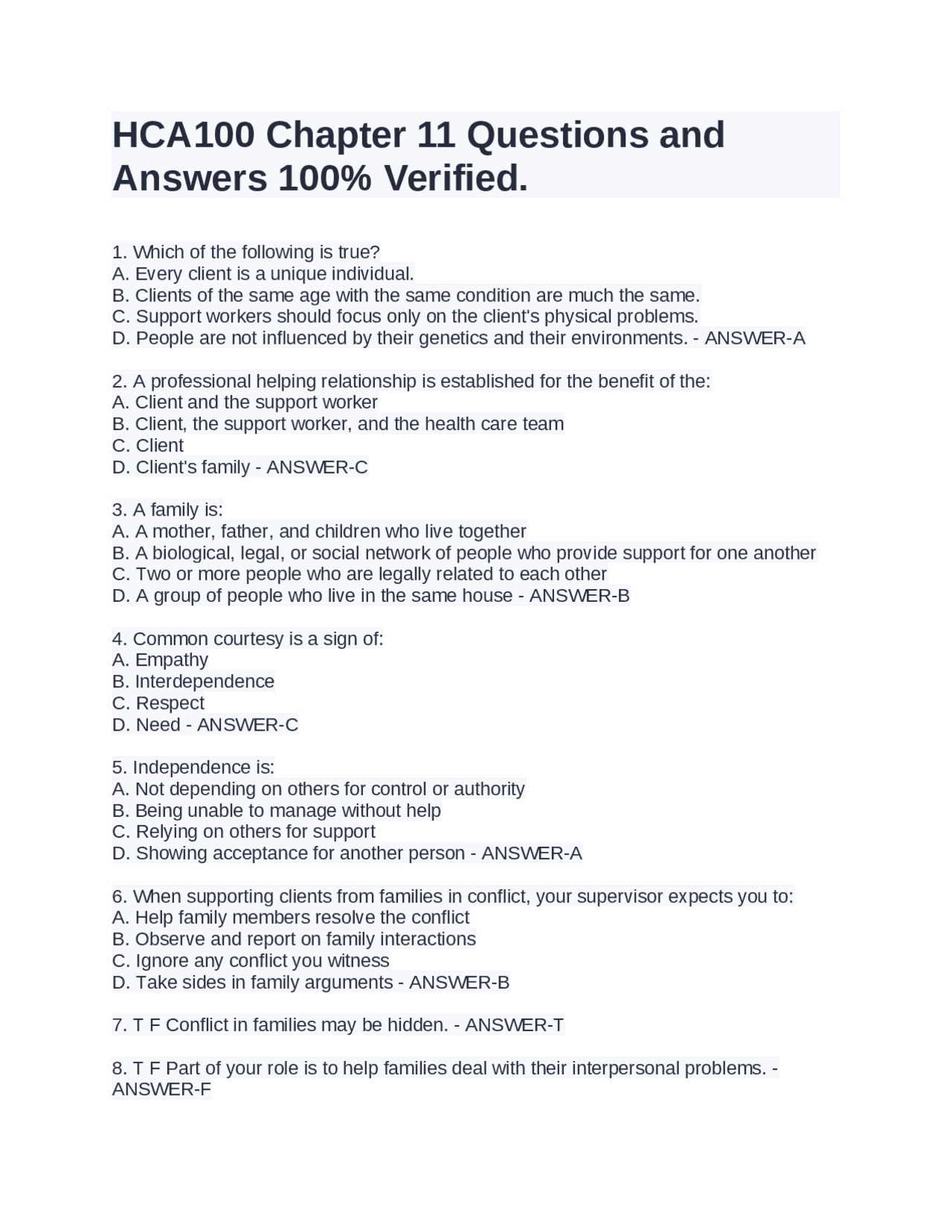 HCA100 Chapter 11 Questions and Answers 100% Verified. | Exams Nursing | Docsity