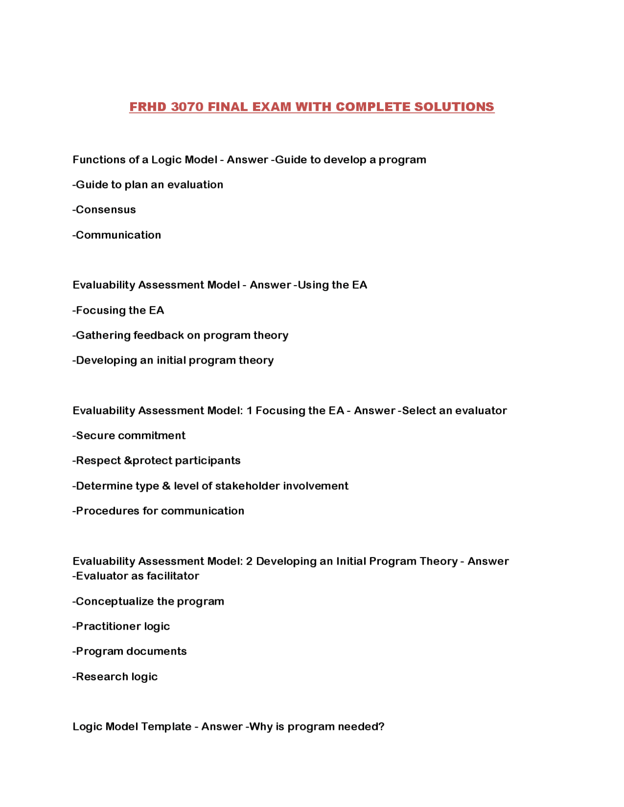 FRHD 3070 Final Exam: Logic Models, Evaluation, and Measurement Concepts | Exams Advanced ...