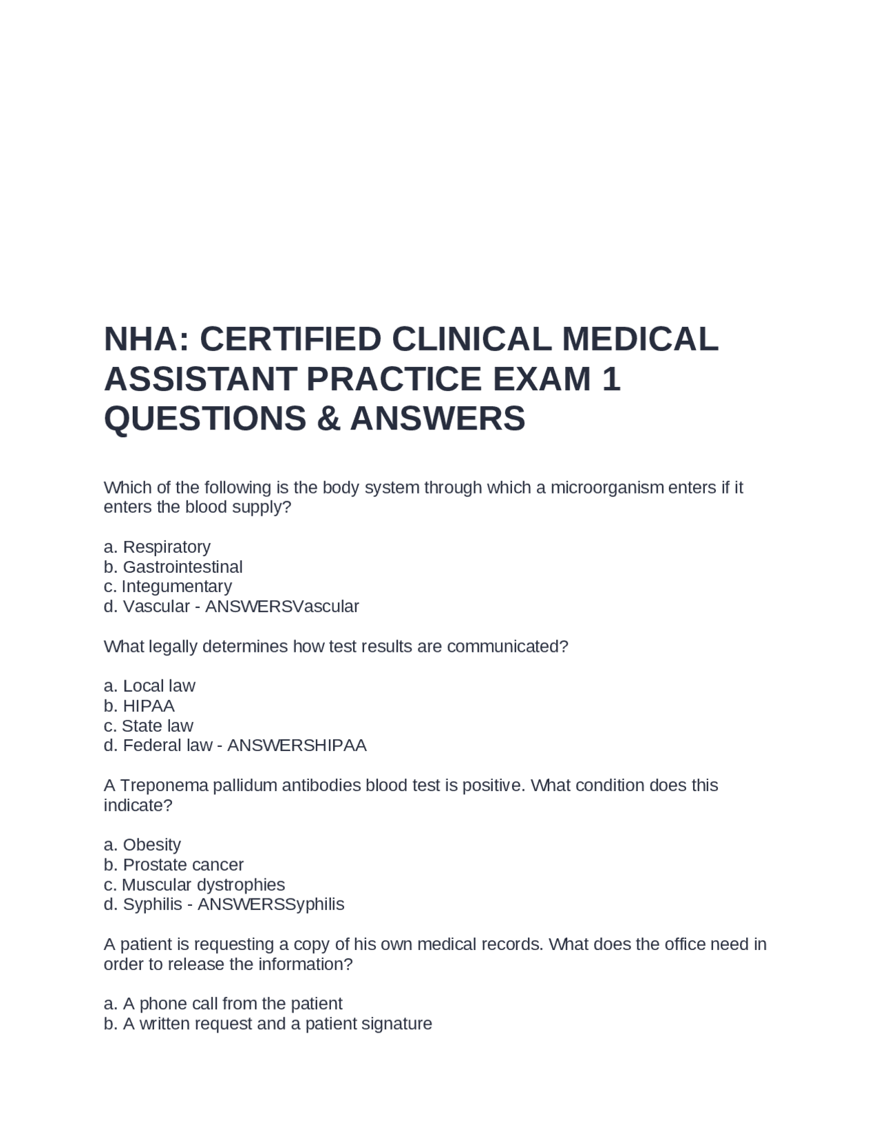 Certified Clinical Medical Assistant Practice Exam 1: Questions ...