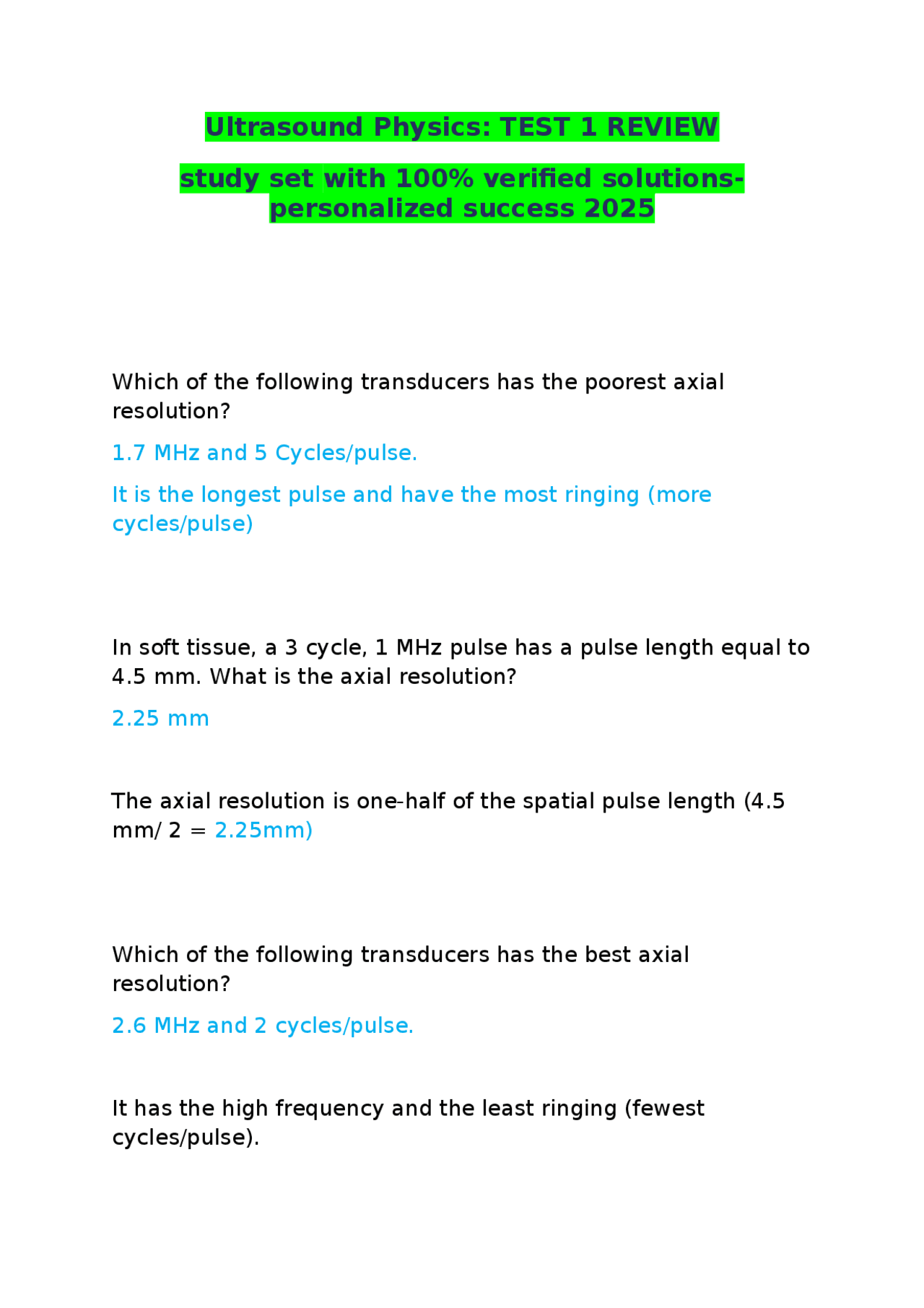 Ultrasound Physics: TEST 1 REVIEW study set with 100% verified ...