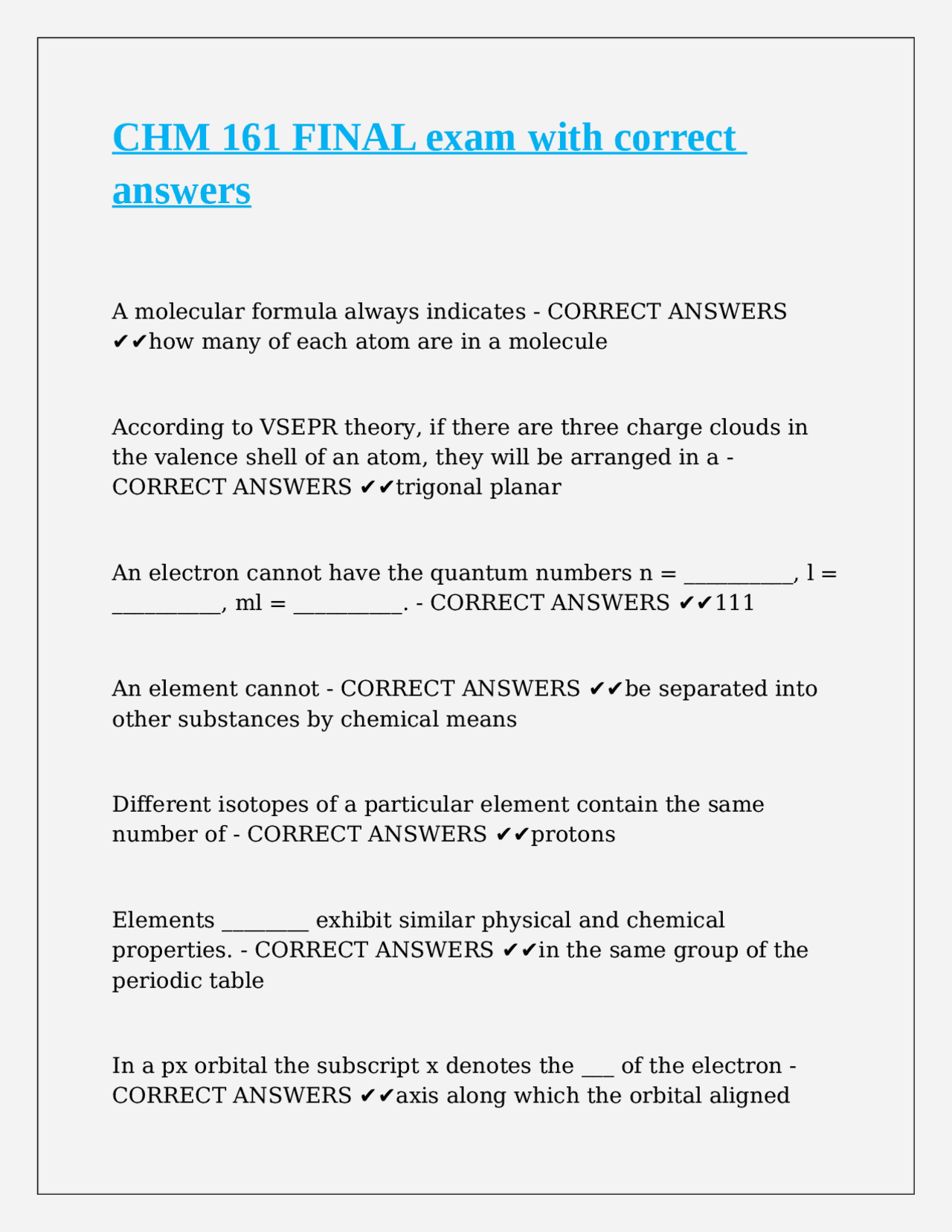 CHM 161 Final Exam: Chemistry Multiple Choice Questions and Answers | Exams Chemistry | Docsity