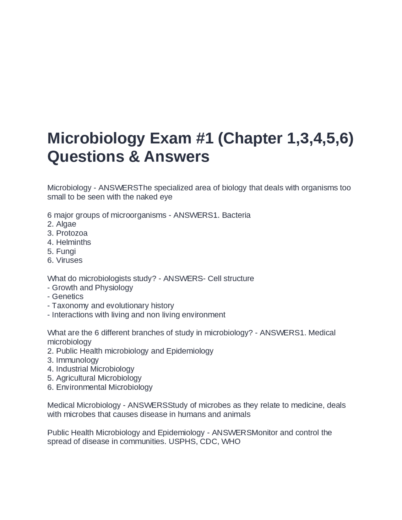 Microbiology Exam #1: Questions and Answers (Chapters 1, 3, 4, 5, 6) | Exams Nursing | Docsity