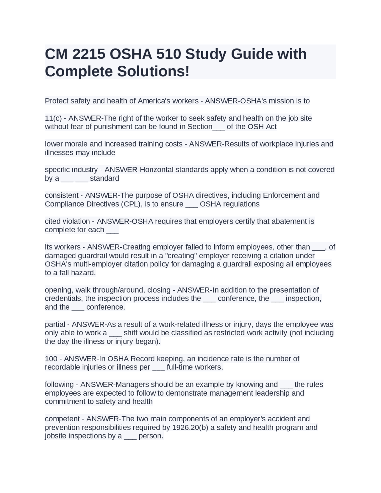 OSHA 510 Study Guide with Complete Solutions | Exams Workplace Safety ...