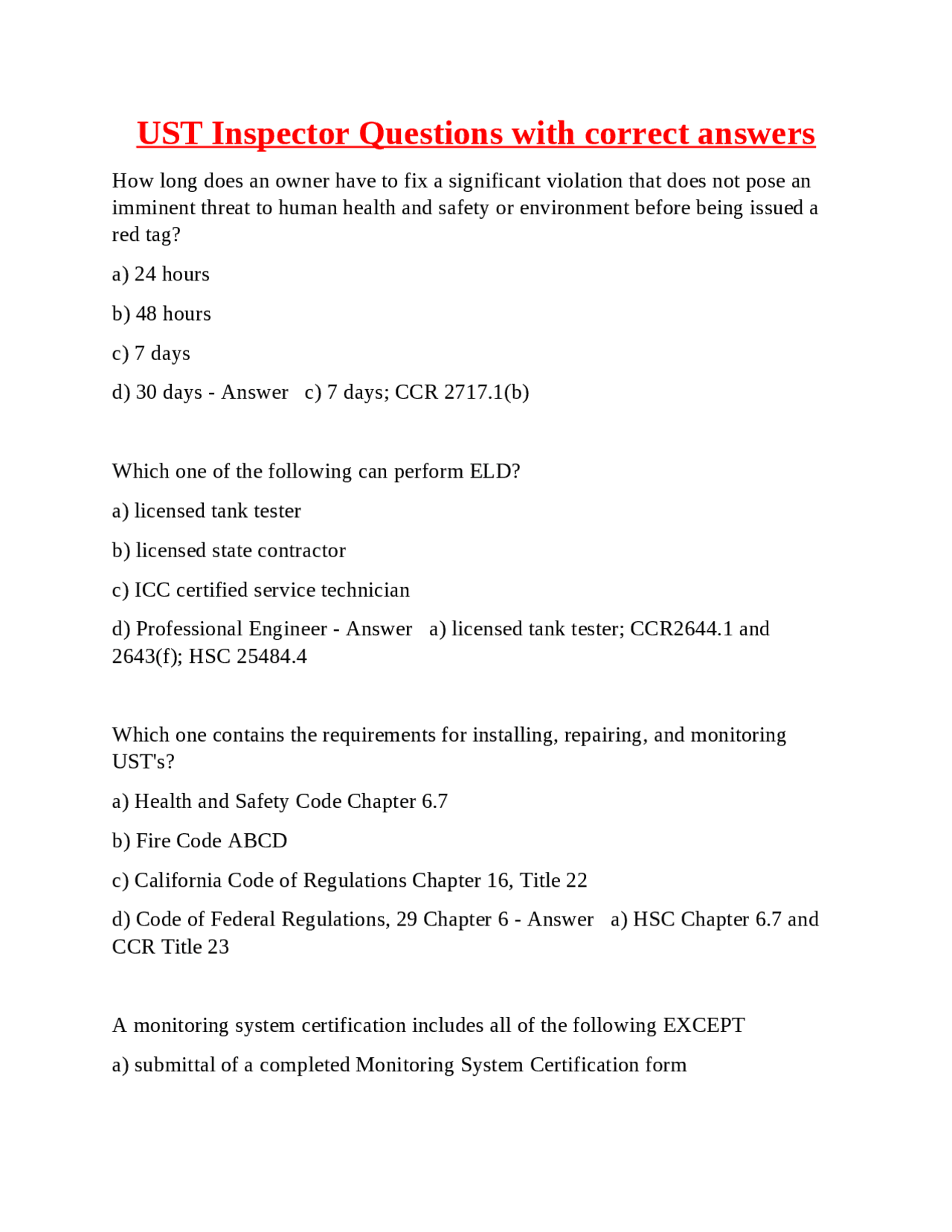 Underground Storage Tank (UST) Inspector Exam Questions and Answers ...