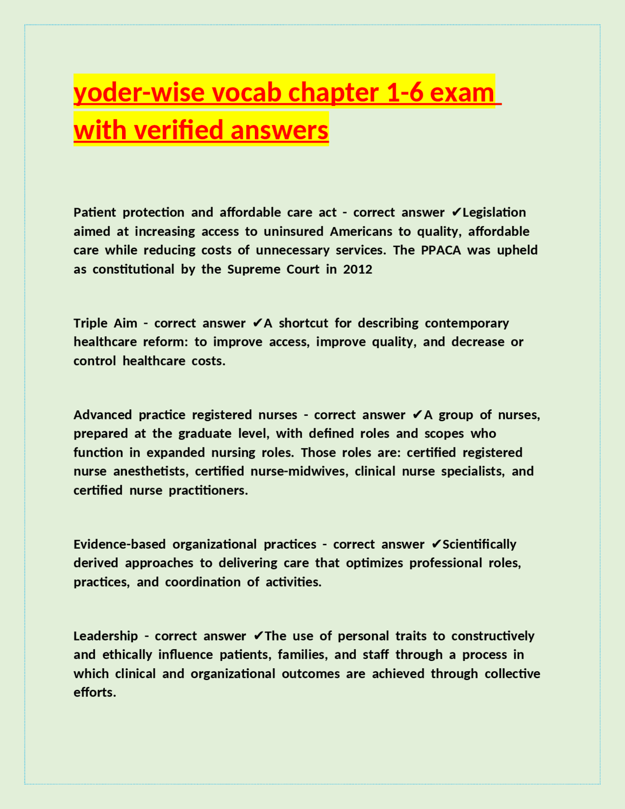 Yoder-Wise Vocab Chapter 1-6 Exam with Verified Answers | Exams Nursing ...