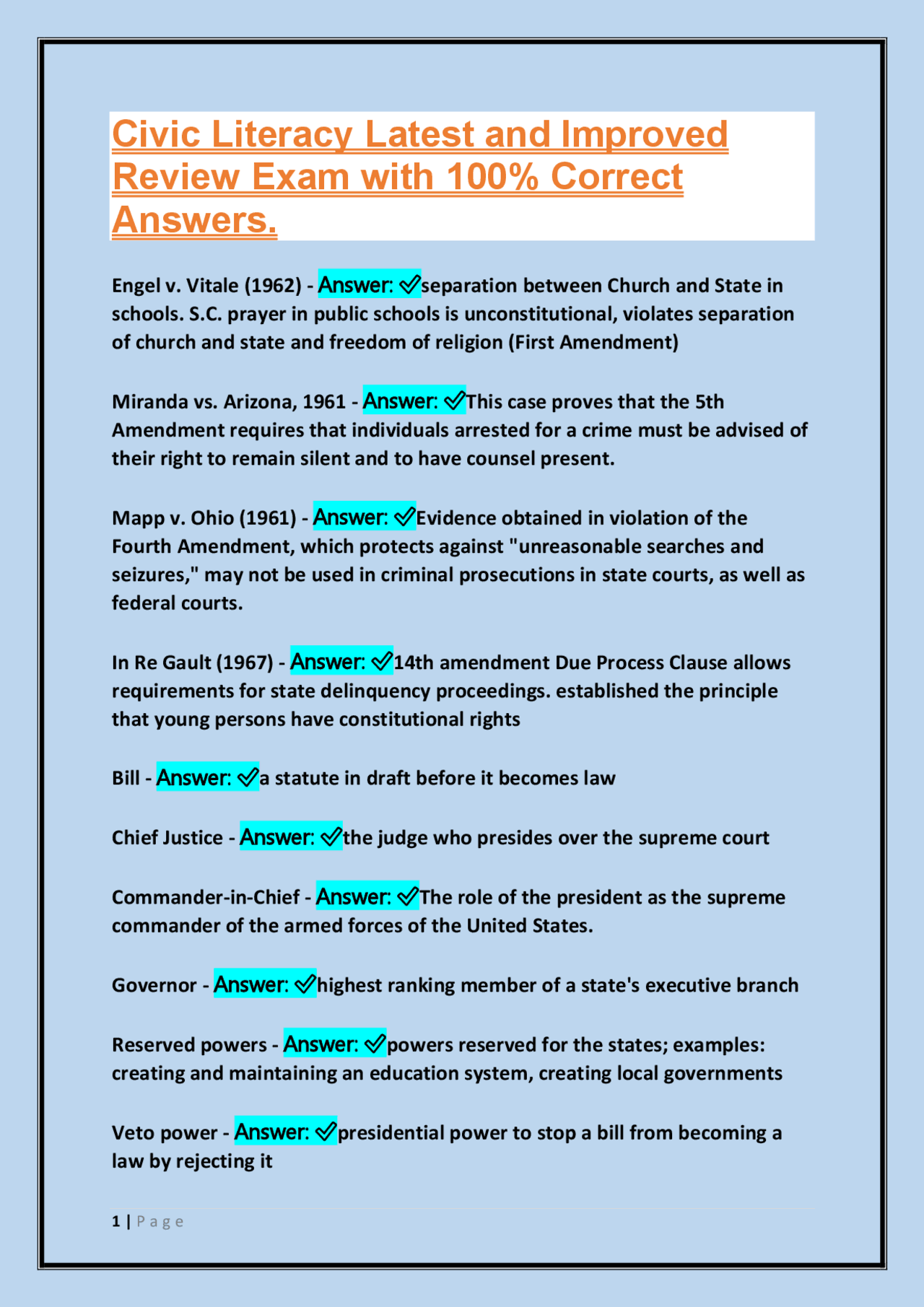 Civic Literacy Latest and Improved Review Exam with 100% Correct ...