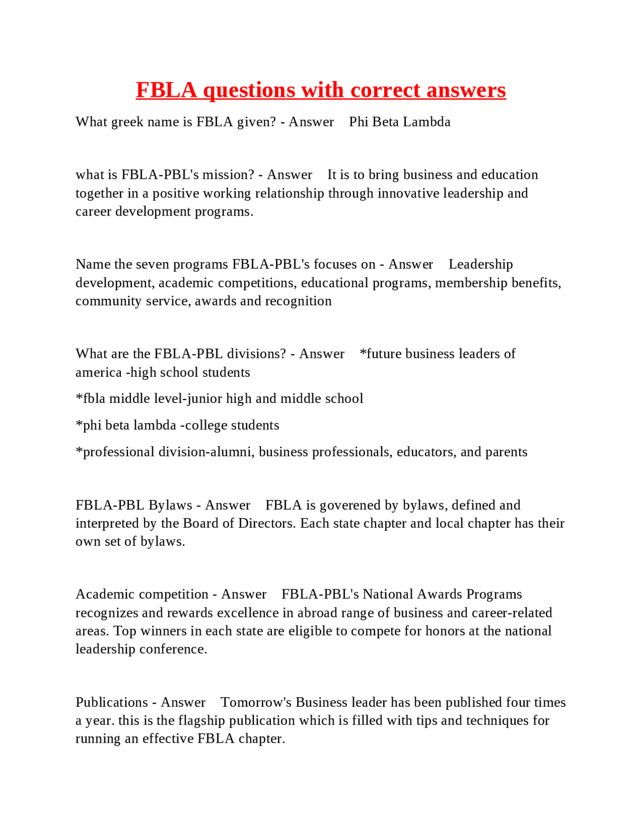 FBLA-PBL: Questions and Answers for Business and Leadership Development ...
