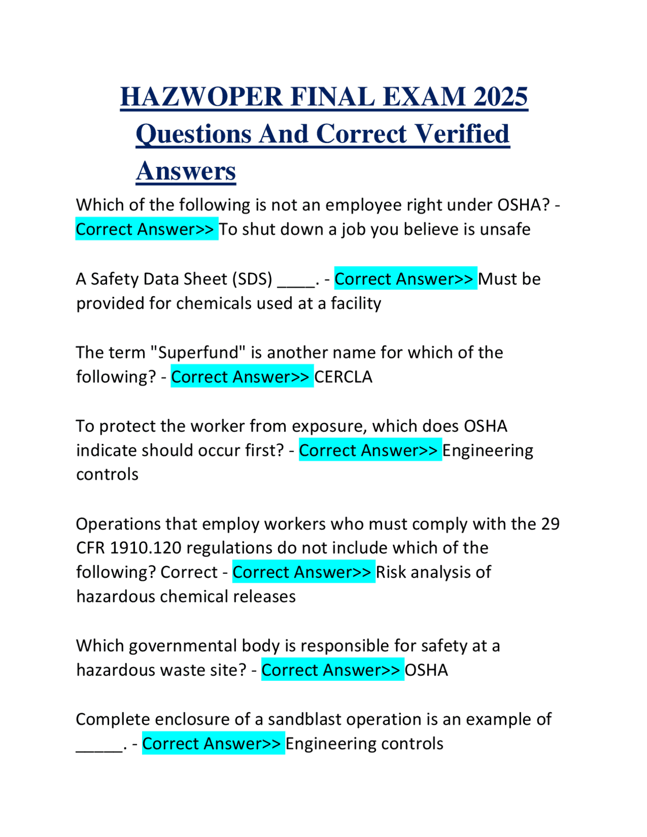 HAZWOPER FINAL EXAM 2025 Questions And Correct Verified Answers | Exams ...