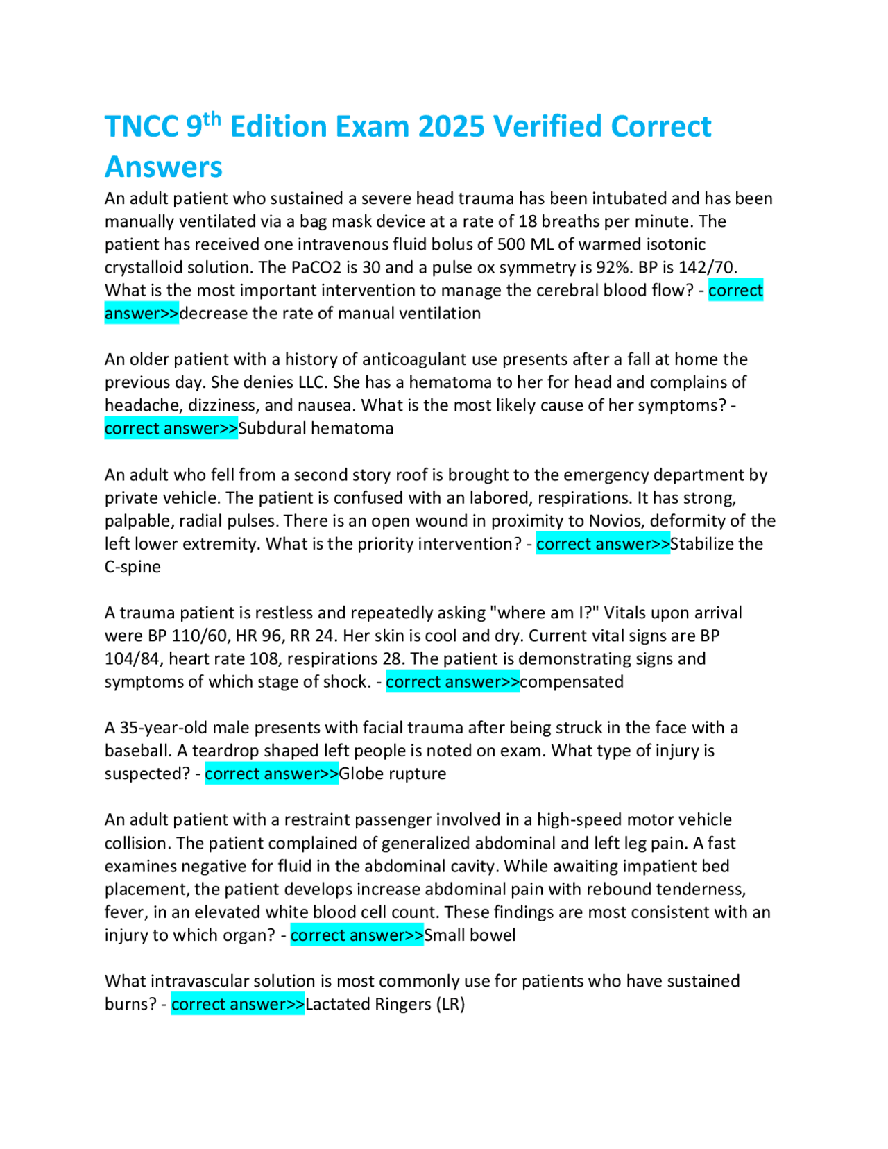 TNCC 9th Edition Exam 2025 Verified Correct Answers | Exams Nursing ...