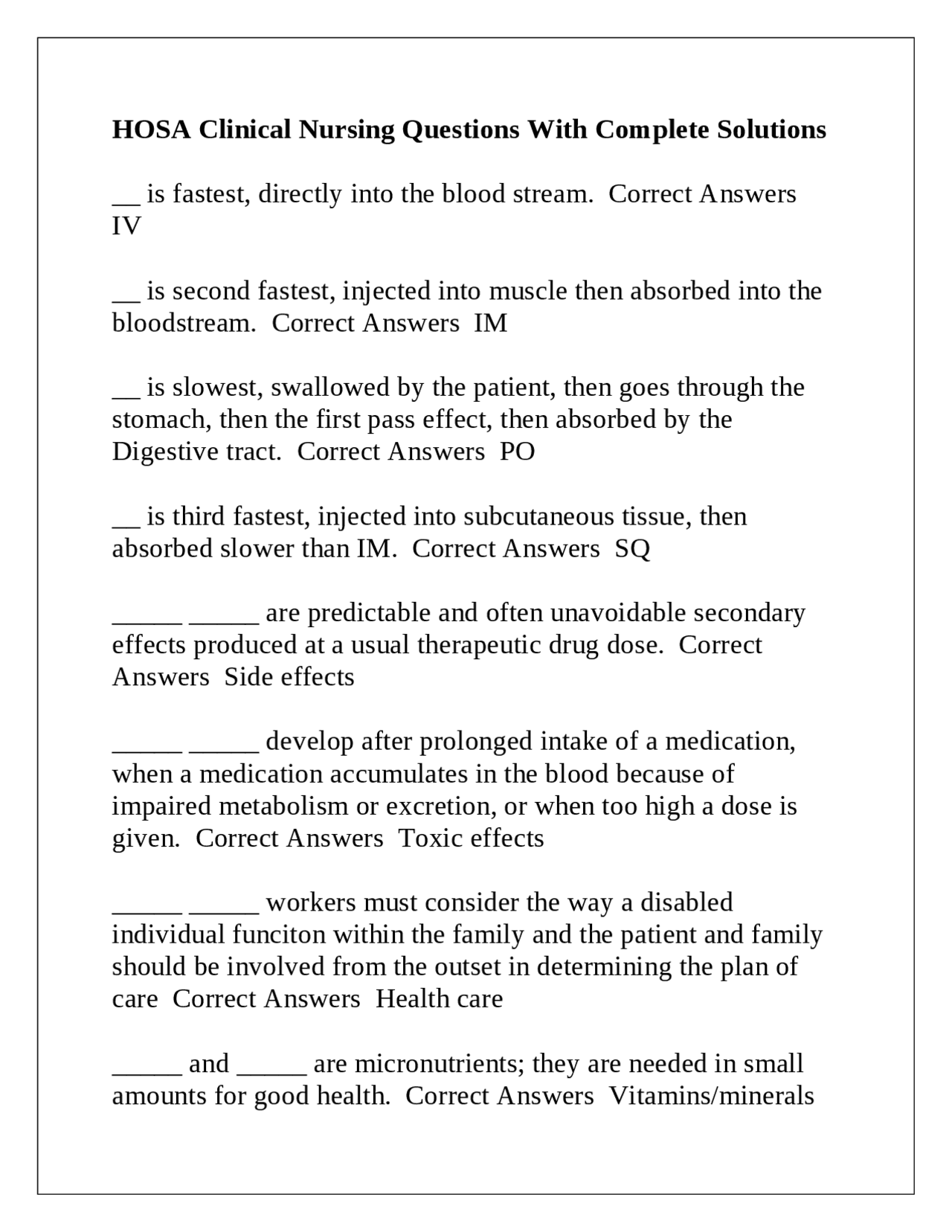 HOSA Clinical Nursing Questions and Answers | Exams Nursing | Docsity