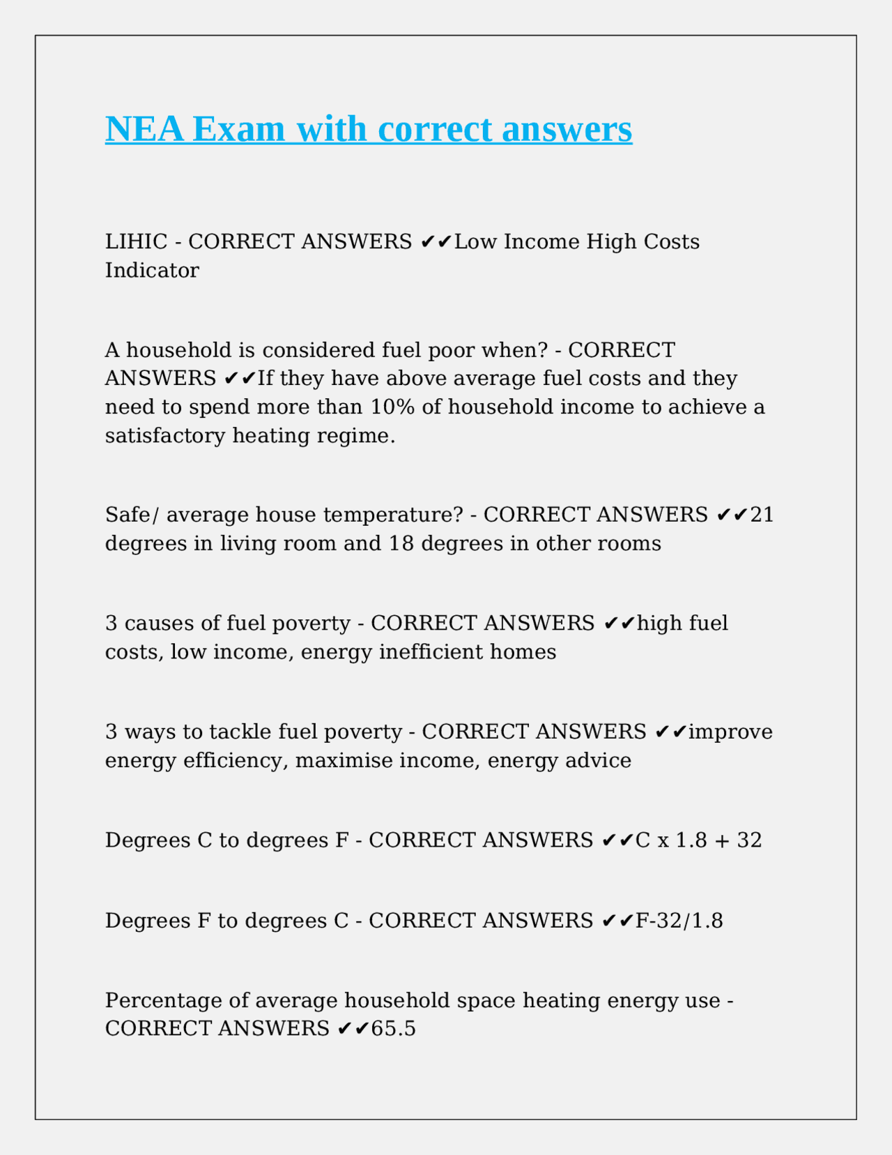 NEA Exam: Fuel Poverty and Heating Systems | Exams Nursing | Docsity