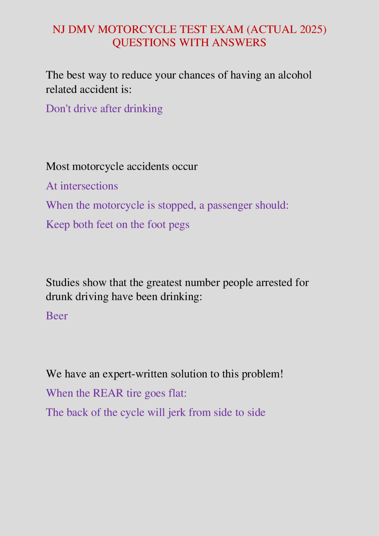 NJ DMV Motorcycle Test Exam (Actual 2025) Questions with Answers ...