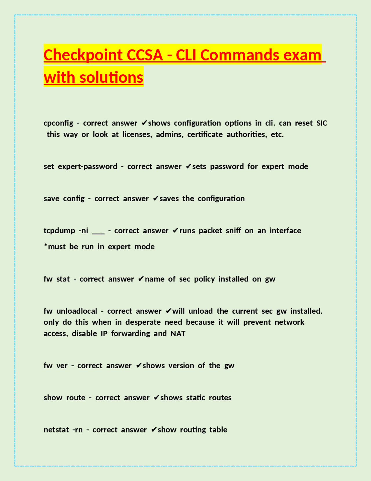 Checkpoint CCSA - CLI Commands Exam with Solutions | Exams Medicine ...