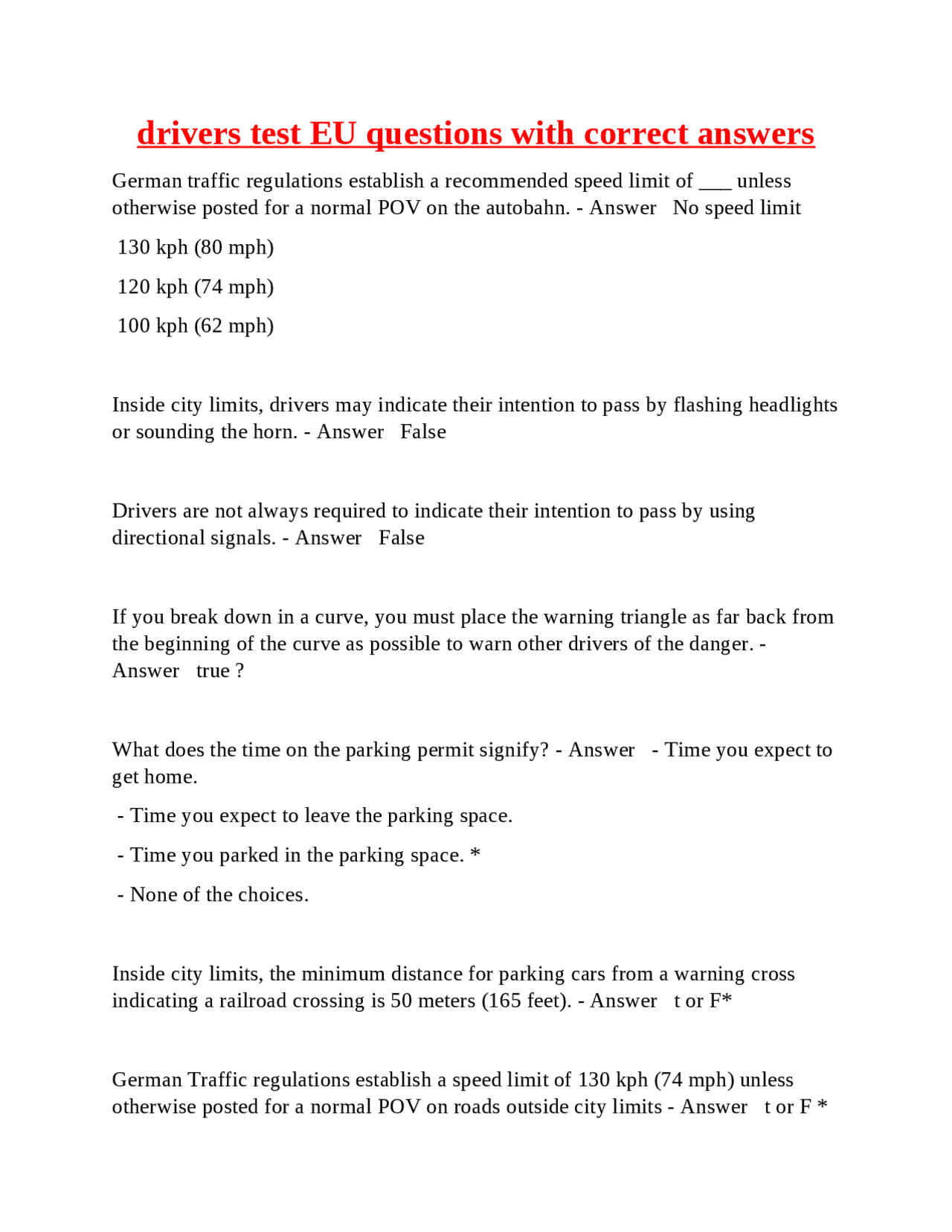 drivers test EU questions with correct answers | Exams Law | Docsity